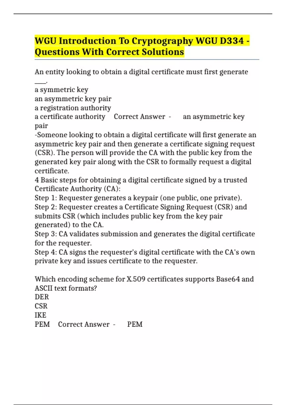 WGU Introduction To Cryptography WGU D334 - Questions With Correct Solutions - WGU D334 - Stuvia US