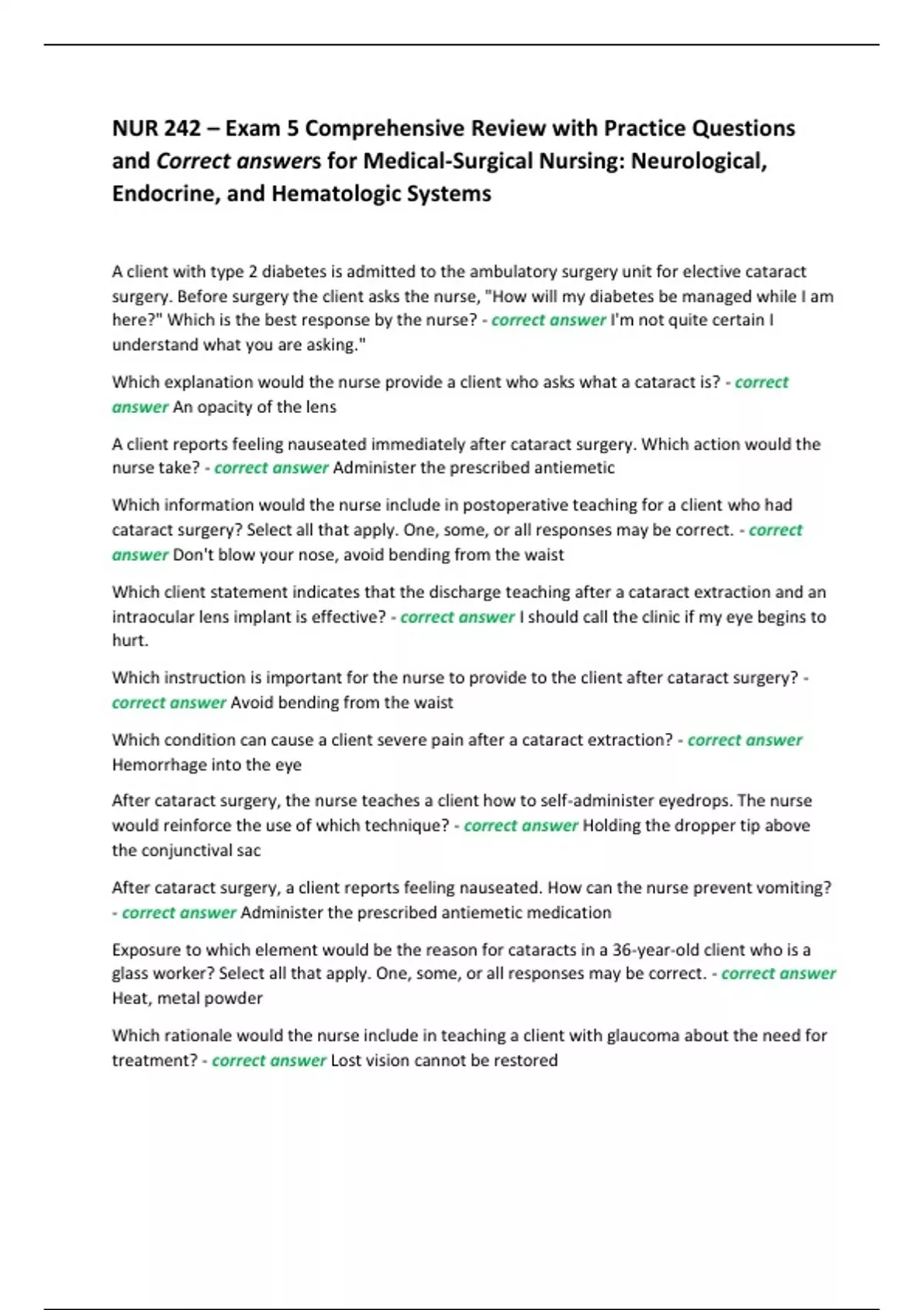 NUR 242 – Exam 5 Comprehensive Review with Practice Questions and ...