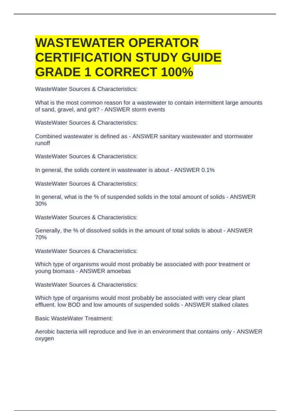 WASTEWATER OPERATOR CERTIFICATION STUDY GUIDE GRADE 1 CORRECT 100% ...