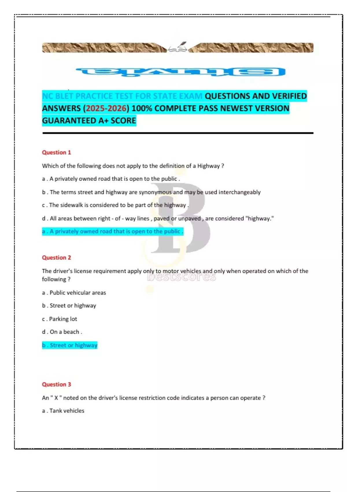 NC BLET PRACTICE TEST FOR STATE EXAM QUESTIONS AND VERIFIED ANSWERS ...