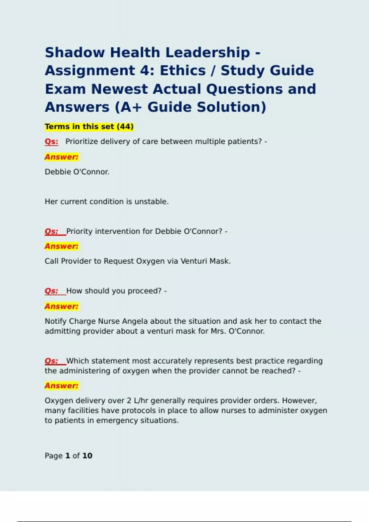 Shadow Health Leadership - Assignment 4: Ethics / Study Guide Exam ...