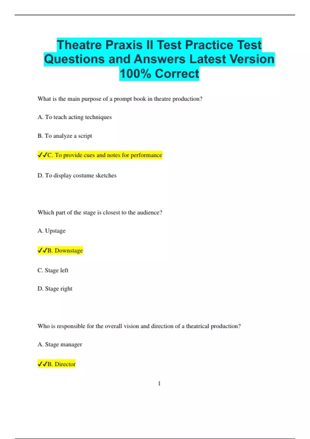 Theatre Praxis II Test Practice Test Questions and Answers Latest ...