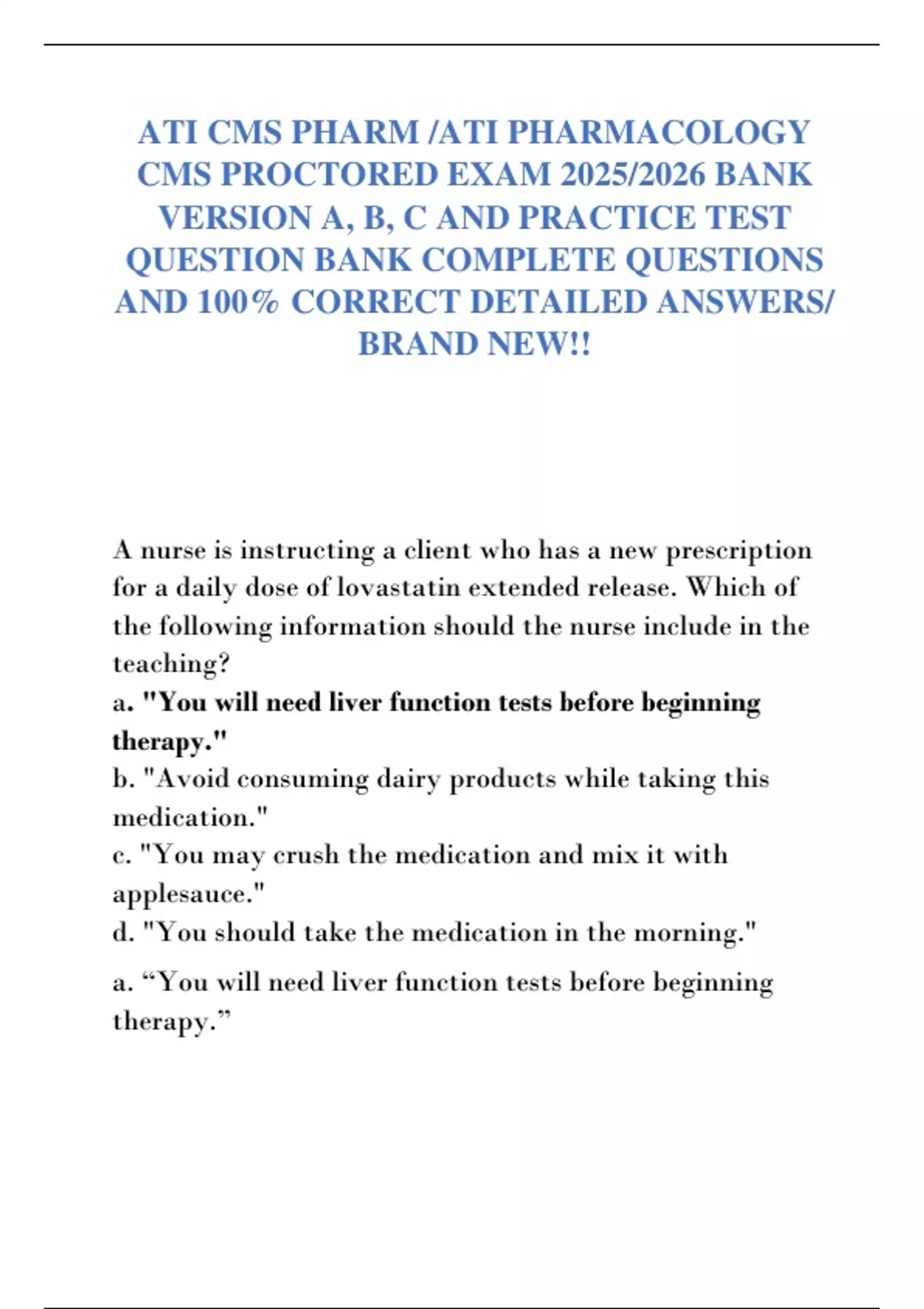 ATI CMS PHARM /ATI PHARMACOLOGY CMS PROCTORED EXAM 2025/2026 BANK ...