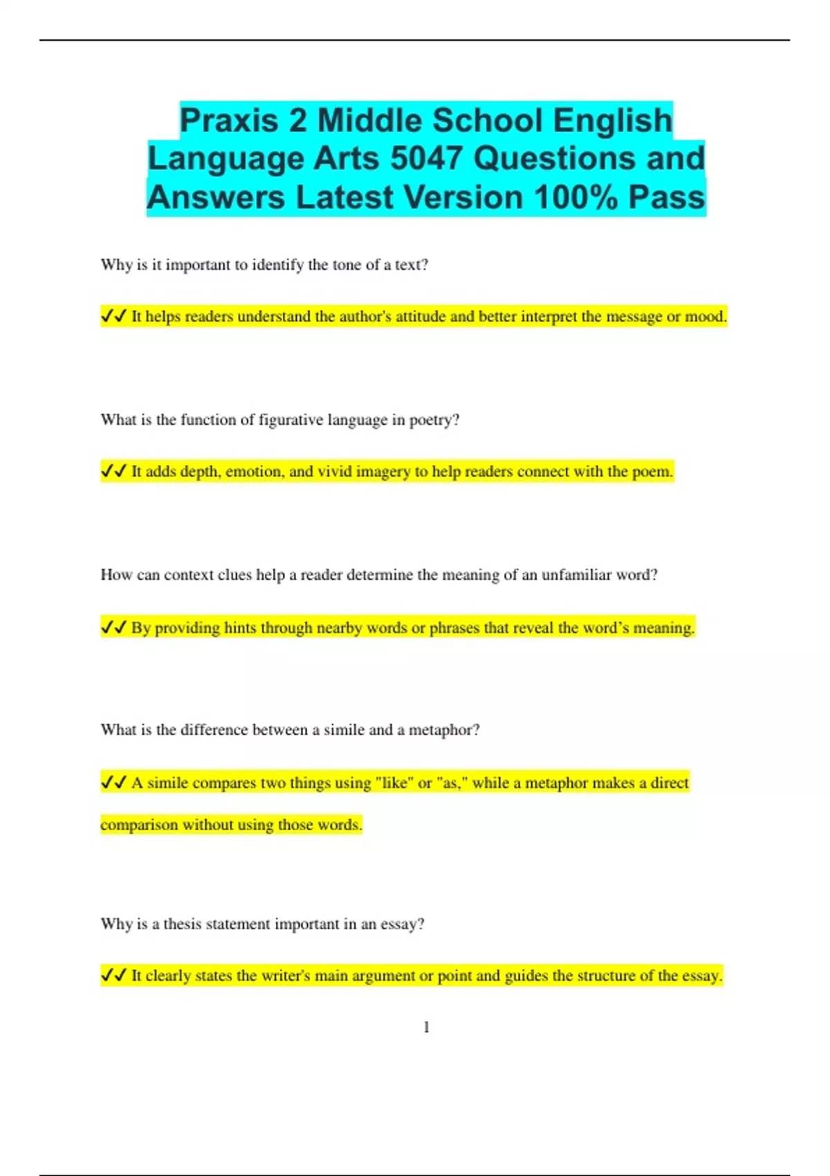Praxis 2 Middle School English Language Arts 5047 Questions and Answers ...