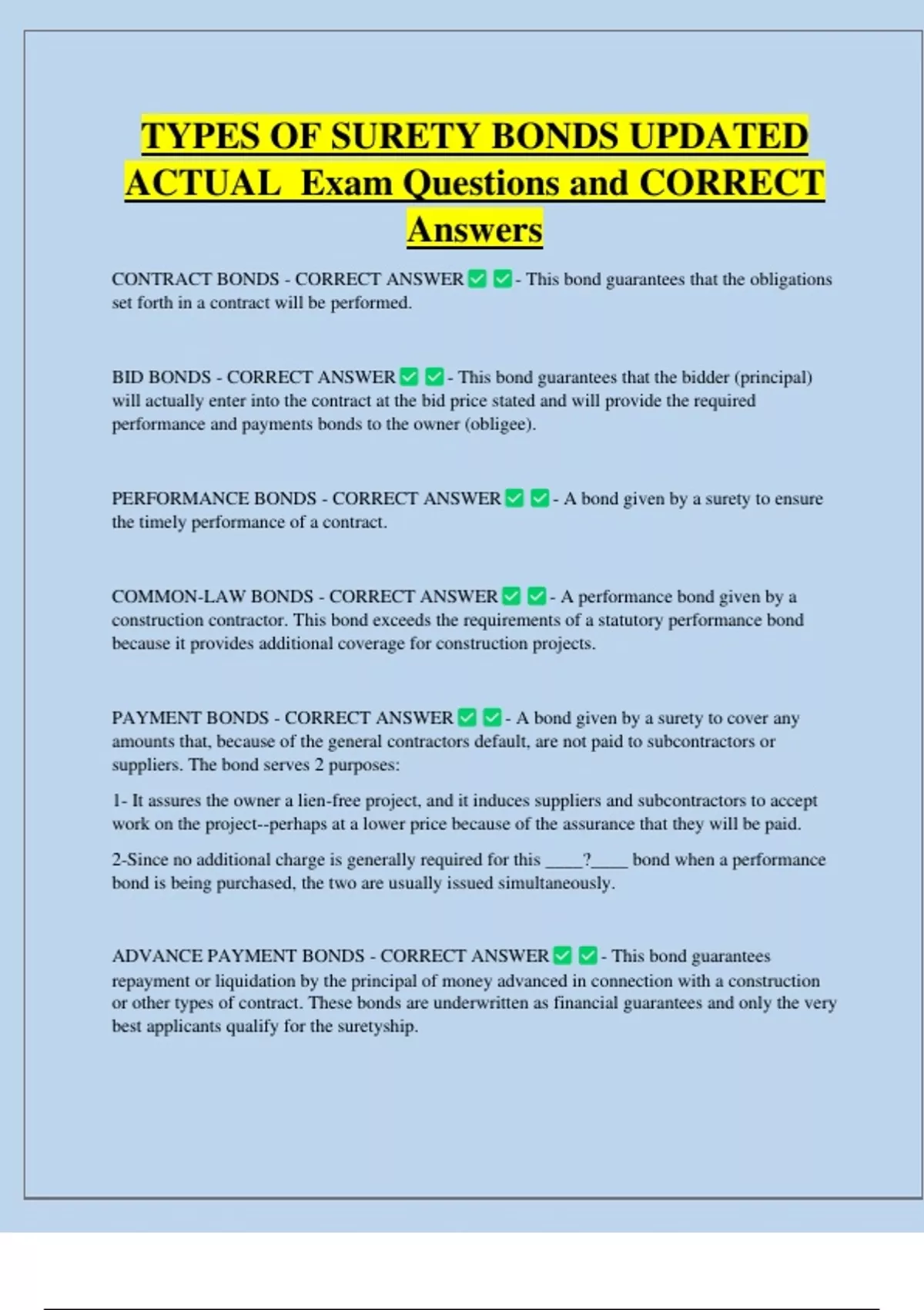 TYPES OF SURETY BONDS UPDATED ACTUAL Exam Questions and CORRECT Answers ...