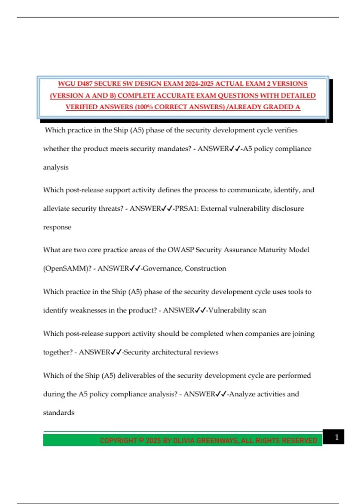 WGU D487 SECURE SW DESIGN EXAM ACTUAL EXAM 2 VERSIONS (VERSION A AND B ...