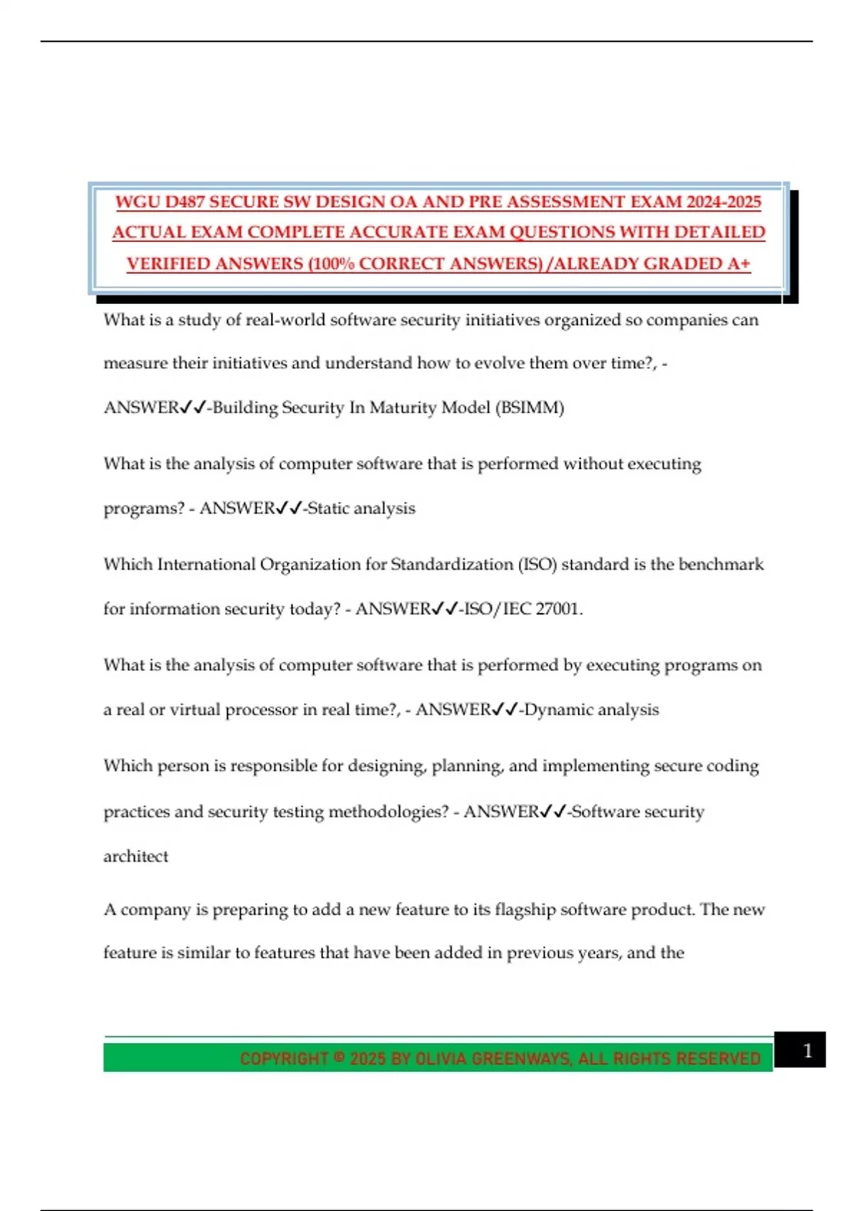 WGU D487 SECURE SW DESIGN OA AND PRE ASSESSMENT EXAM ACTUAL EXAM ...