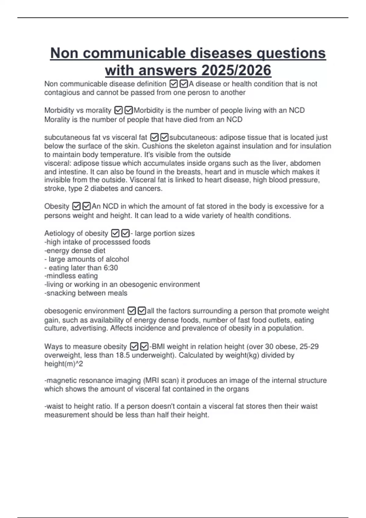 Non communicable diseases questions with answers 2025/2026 - Non ...