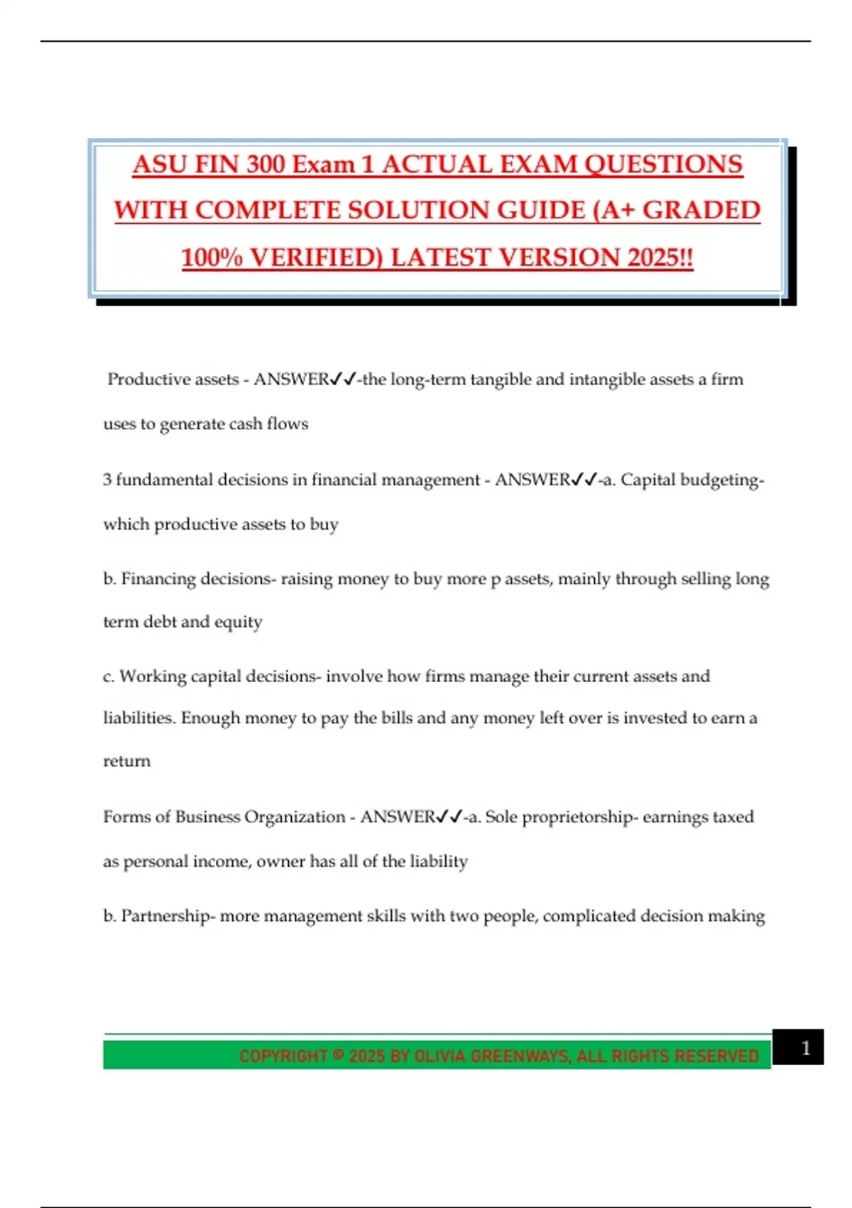 ASU FIN 300 Exam 1 ACTUAL EXAM QUESTIONS WITH COMPLETE SOLUTION GUIDE ...