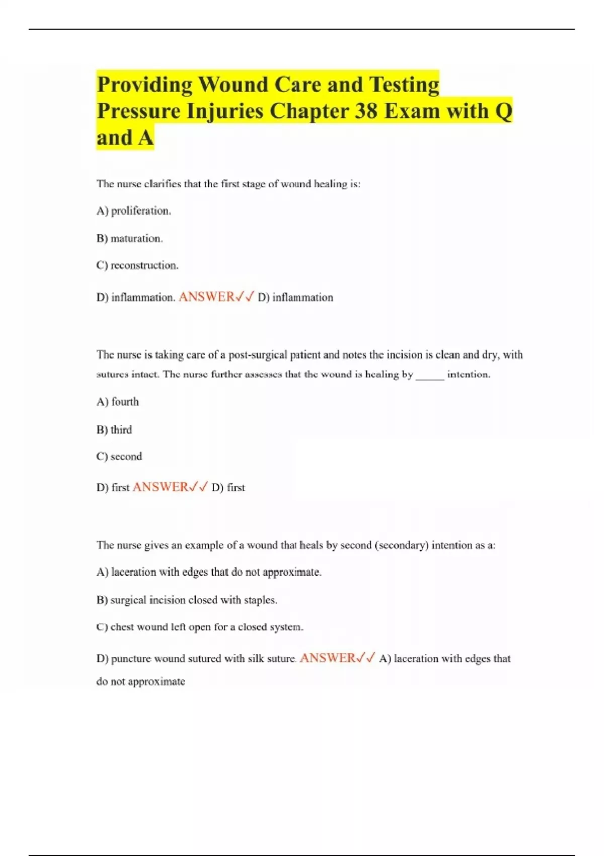 Providing Wound Care and Testing Pressure Injuries Chapter 38 Exam with ...