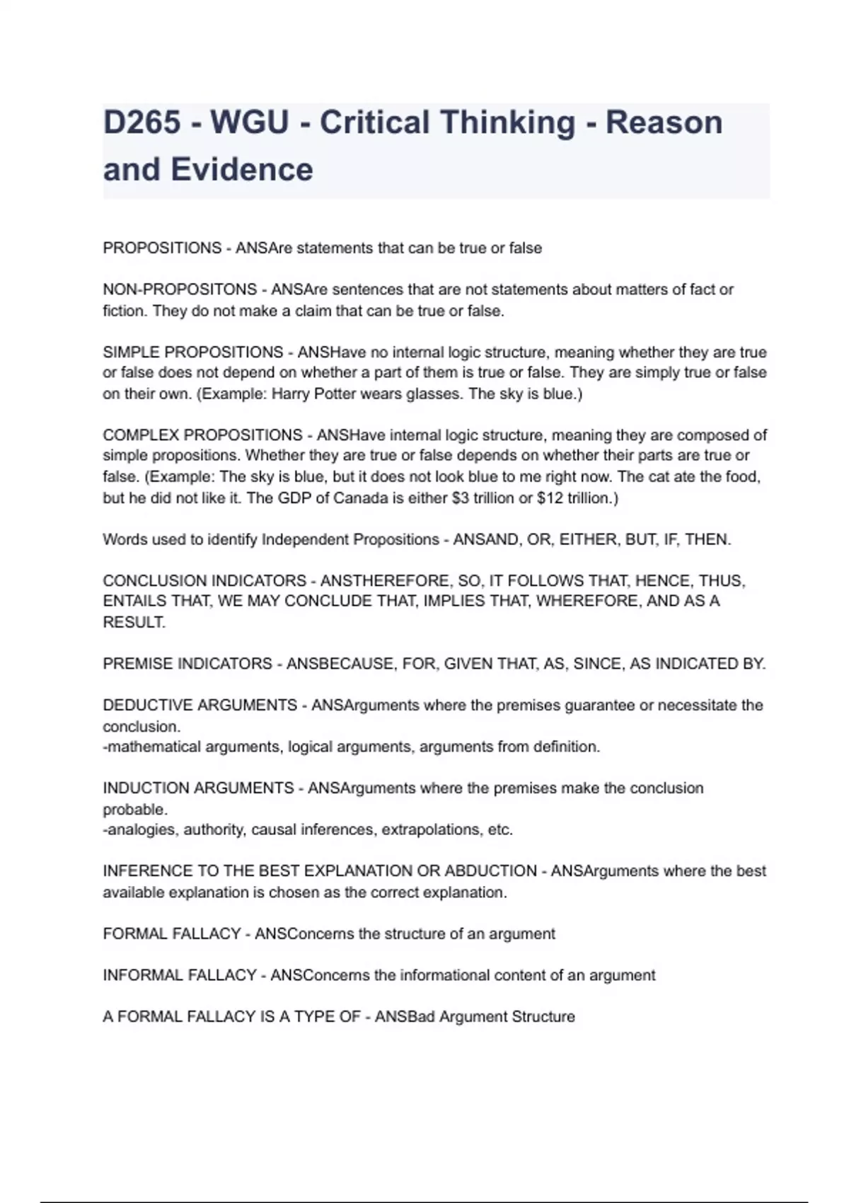 D265 - WGU - Critical Thinking - Reason and Evidence 2025-26 LATEST ...