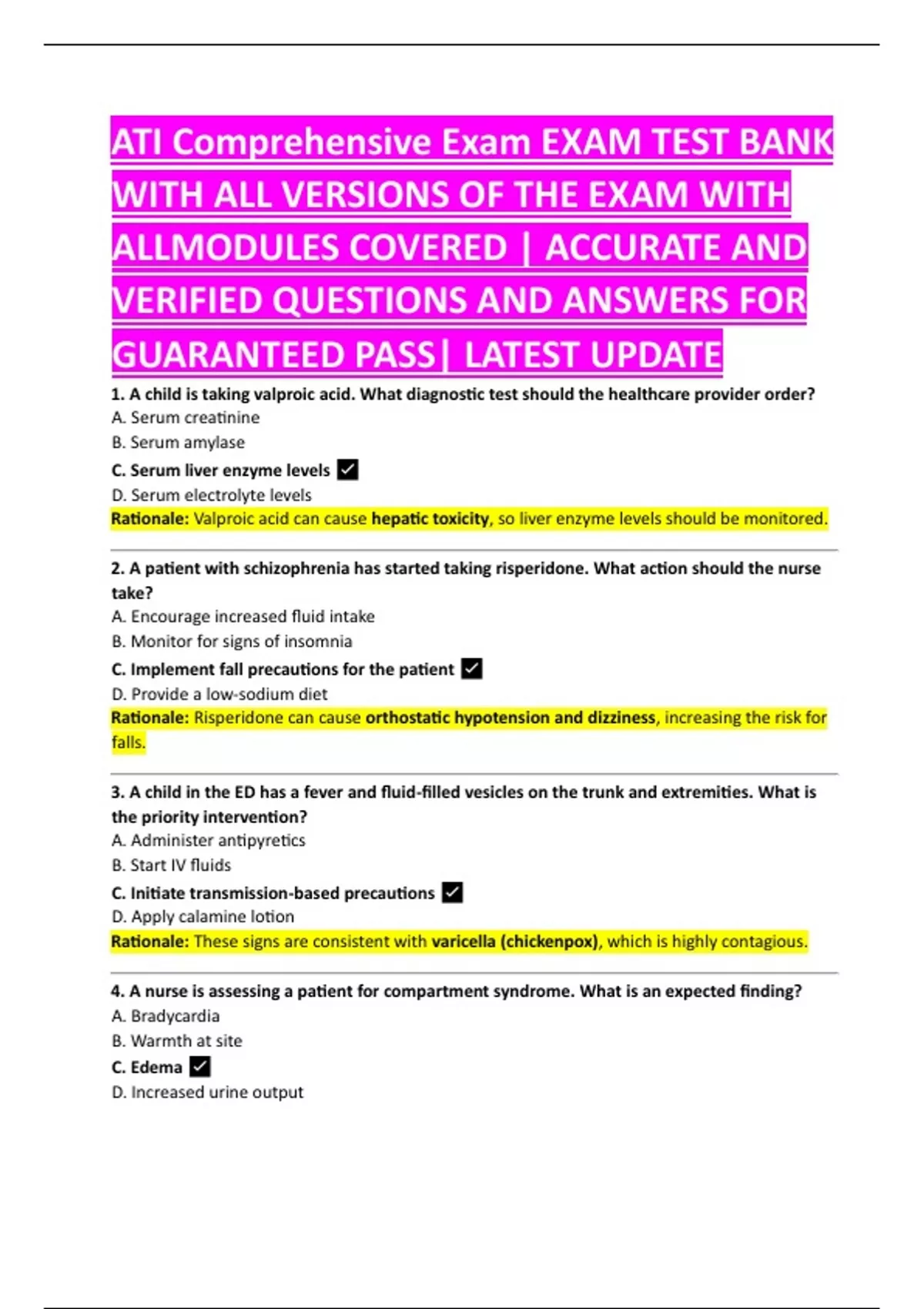 ATI Comprehensive Exam EXAM TEST BANK WITH ALL VERSIONS OF THE EXAM ...