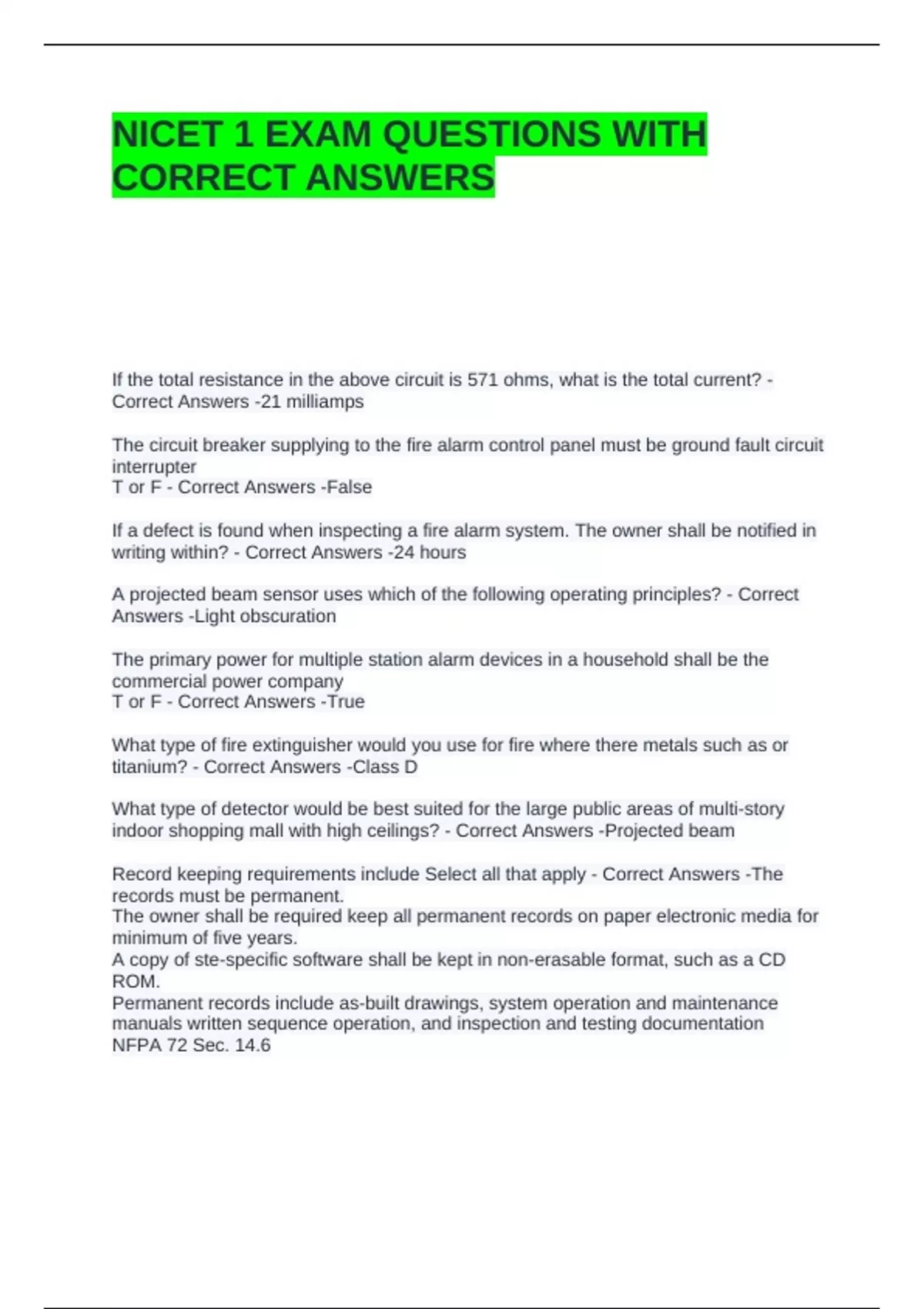 NICET 1 EXAM QUESTIONS WITH CORRECT ANSWERS - Nicet Fire Alarm - Stuvia US