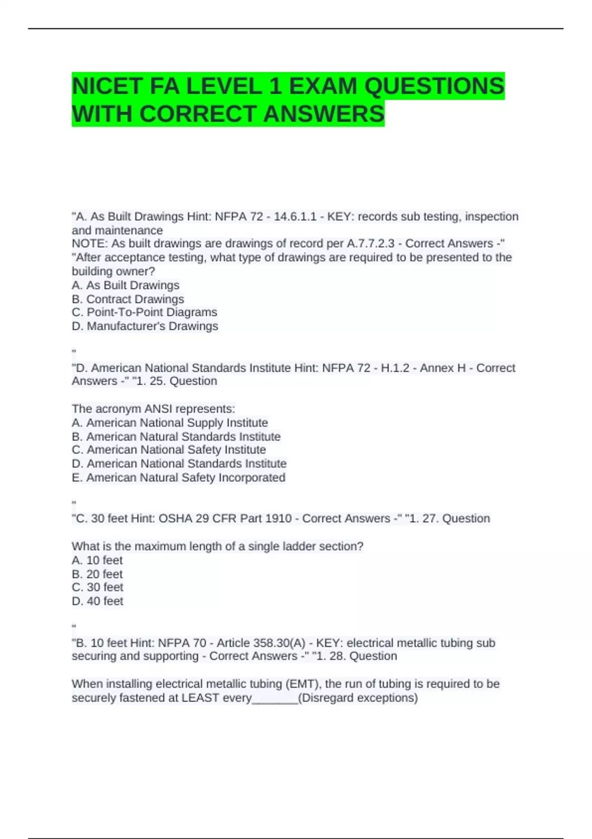 NICET FA LEVEL 1 EXAM QUESTIONS WITH CORRECT ANSWERS - Nicet Fire Alarm ...