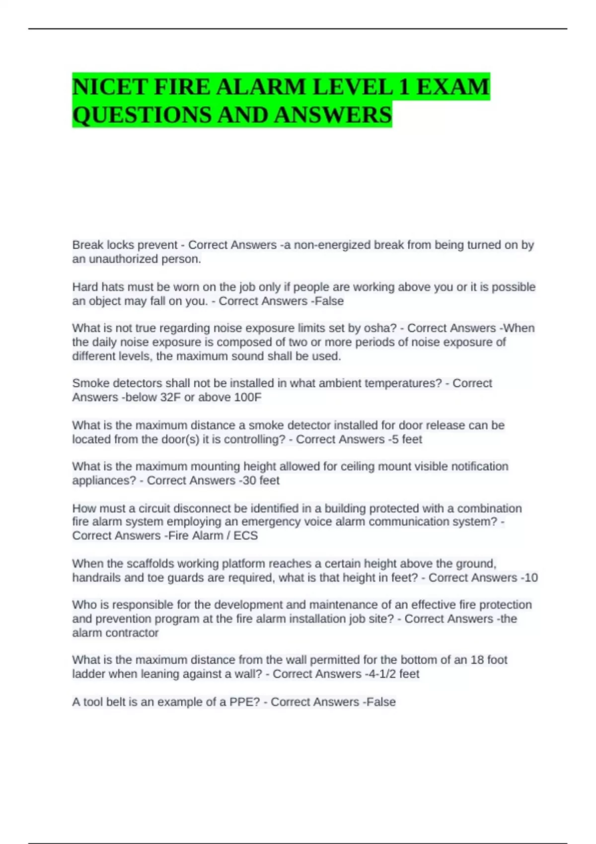 NICET FIRE ALARM LEVEL 1 EXAM QUESTIONS AND ANSWERS - Nicet Fire Alarm ...