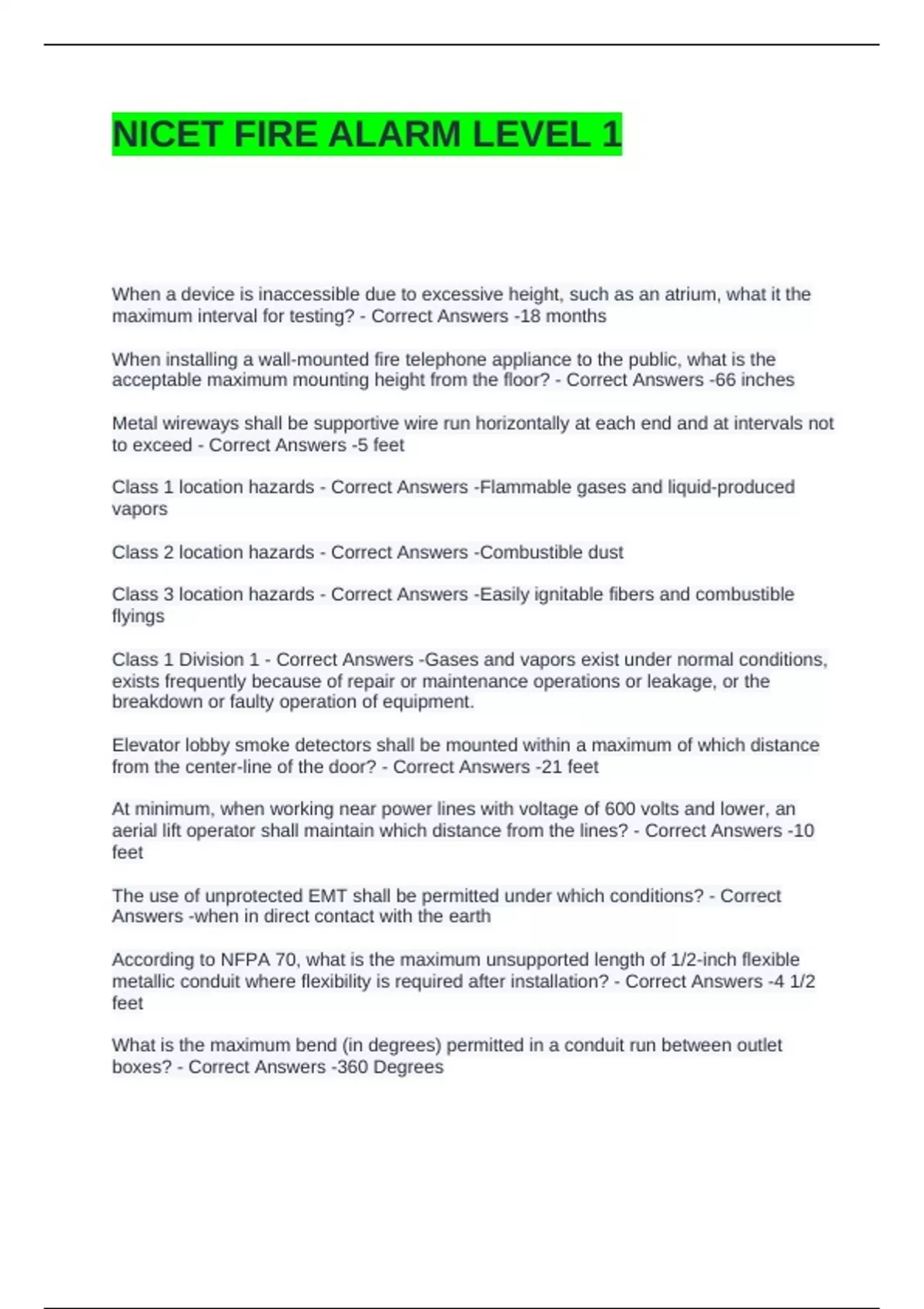 NICET FIRE ALARM LEVEL 1 EXAM QUESTIONS WITH CORRECT ANSWERS - Nicet ...