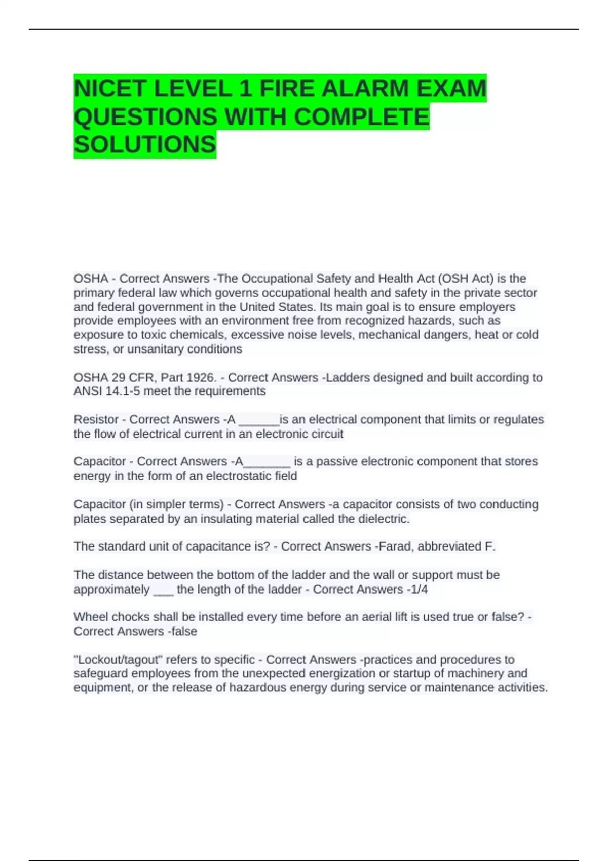 NICET LEVEL 1 FIRE ALARM EXAM QUESTIONS WITH COMPLETE SOLUTIONS - NICET ...