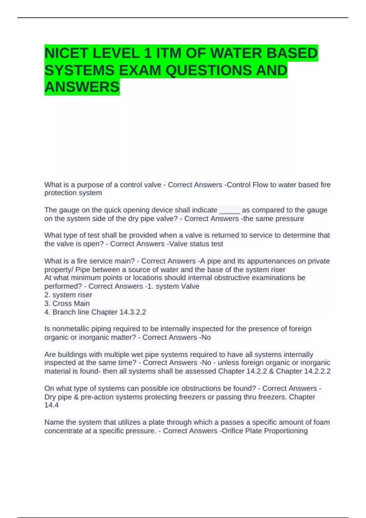 NICET LEVEL 1 ITM OF WATER BASED SYSTEMS EXAM QUESTIONS AND ANSWERS ...