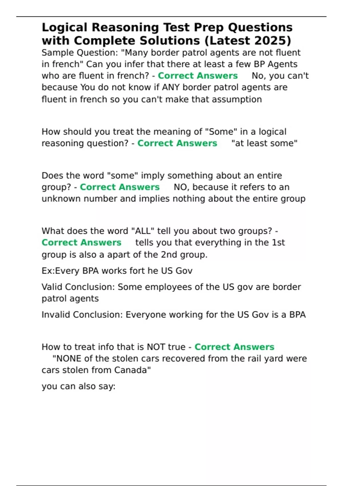 Logical Reasoning Test Prep Questions with Complete Solutions (Latest ...