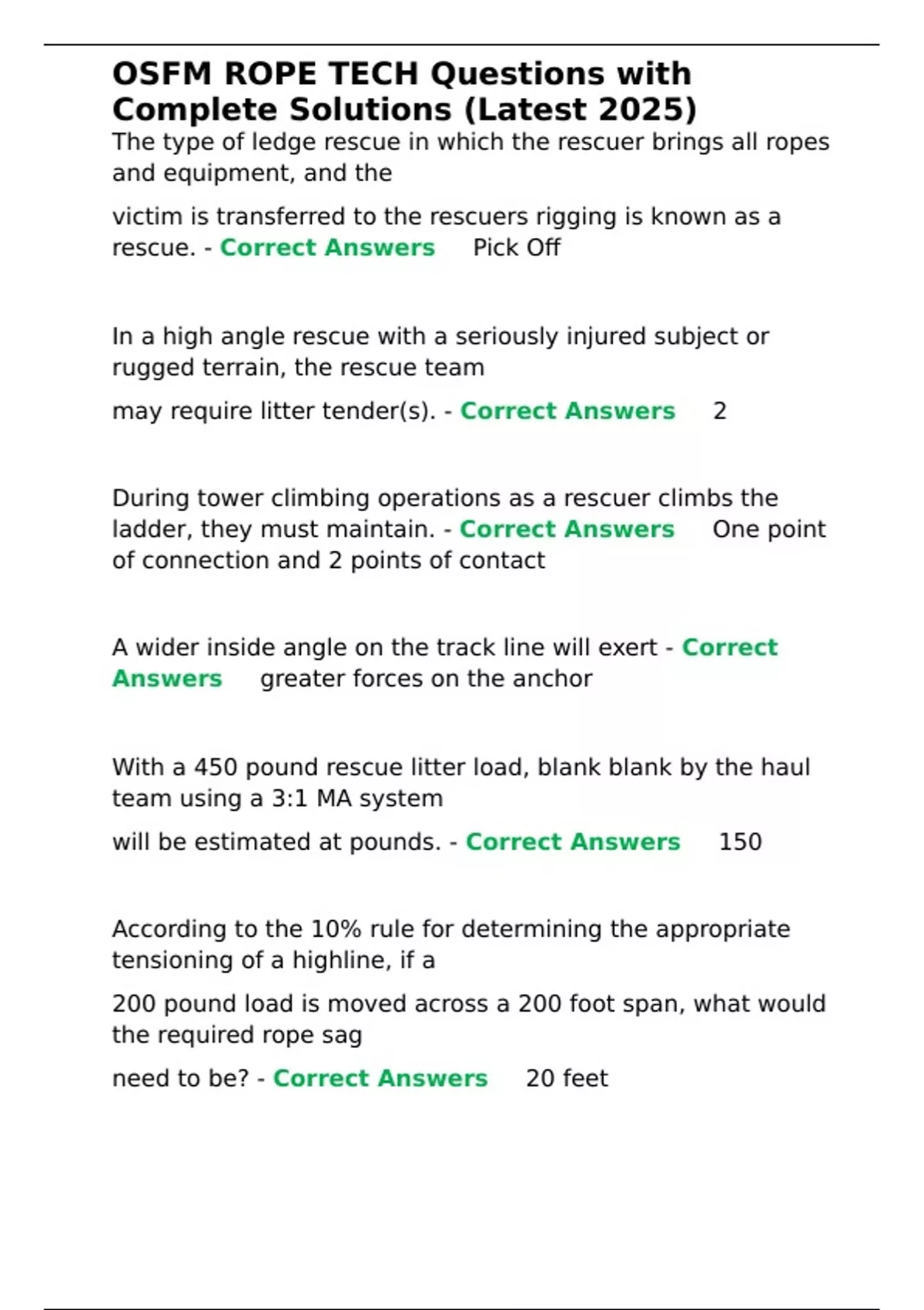 Summary OSFM ROPE TECH Questions with Complete Solutions (Latest 2025 ...