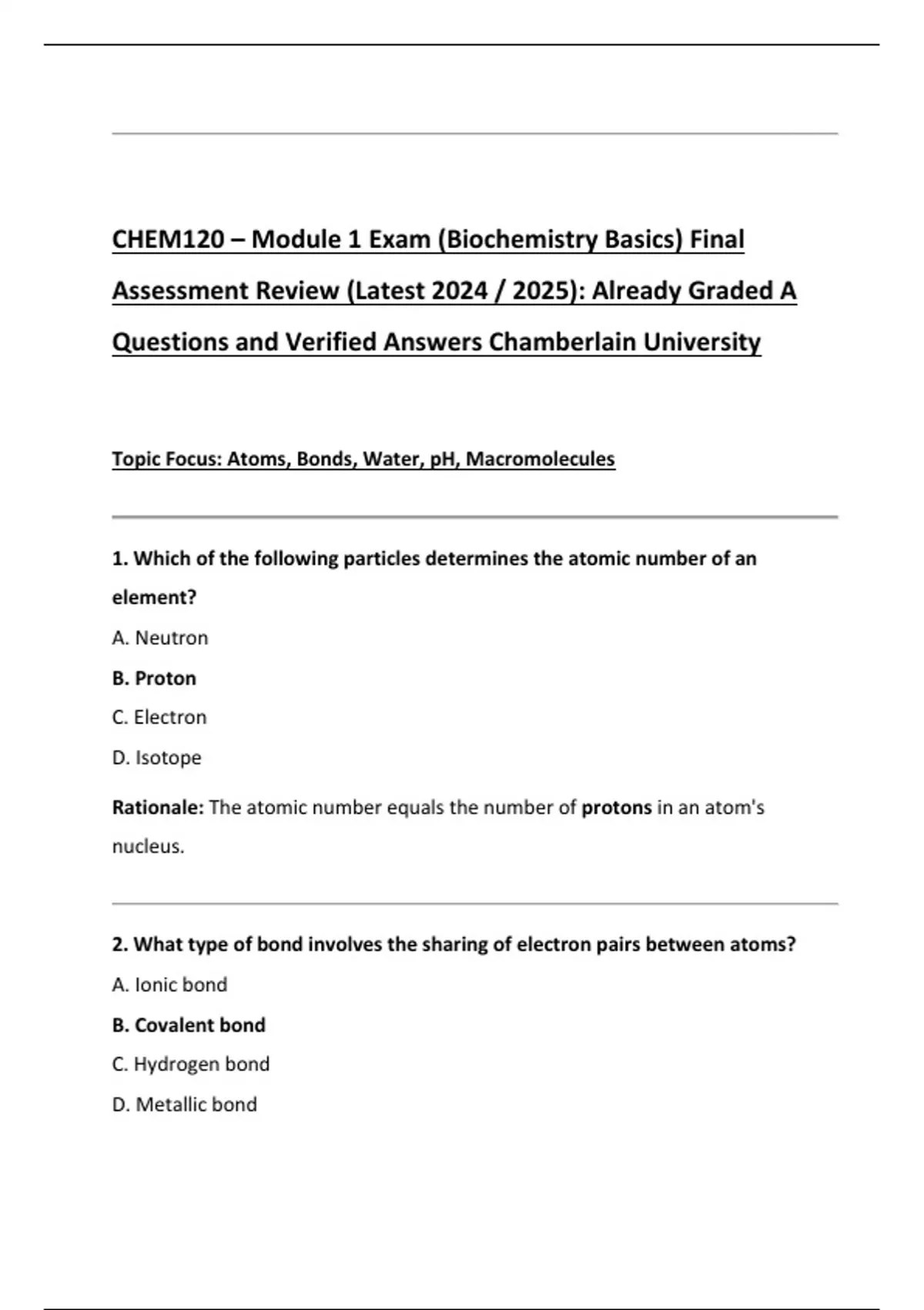 CHEM120 – Module 1 Exam (Biochemistry Basics) Final Assessment Review ...