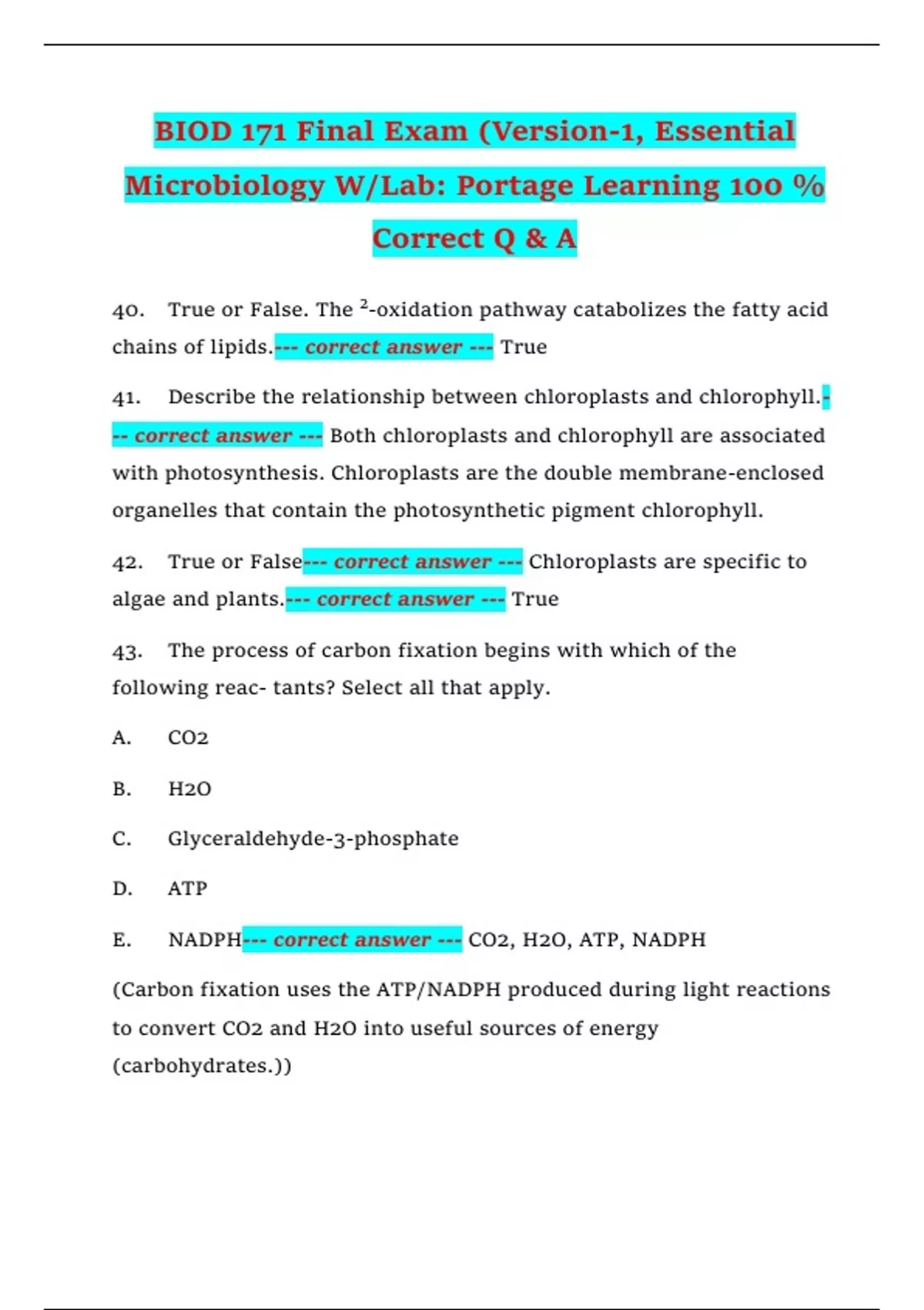 BIOD 171 Final Exam (Version-1, Essential Microbiology W/Lab: Portage ...
