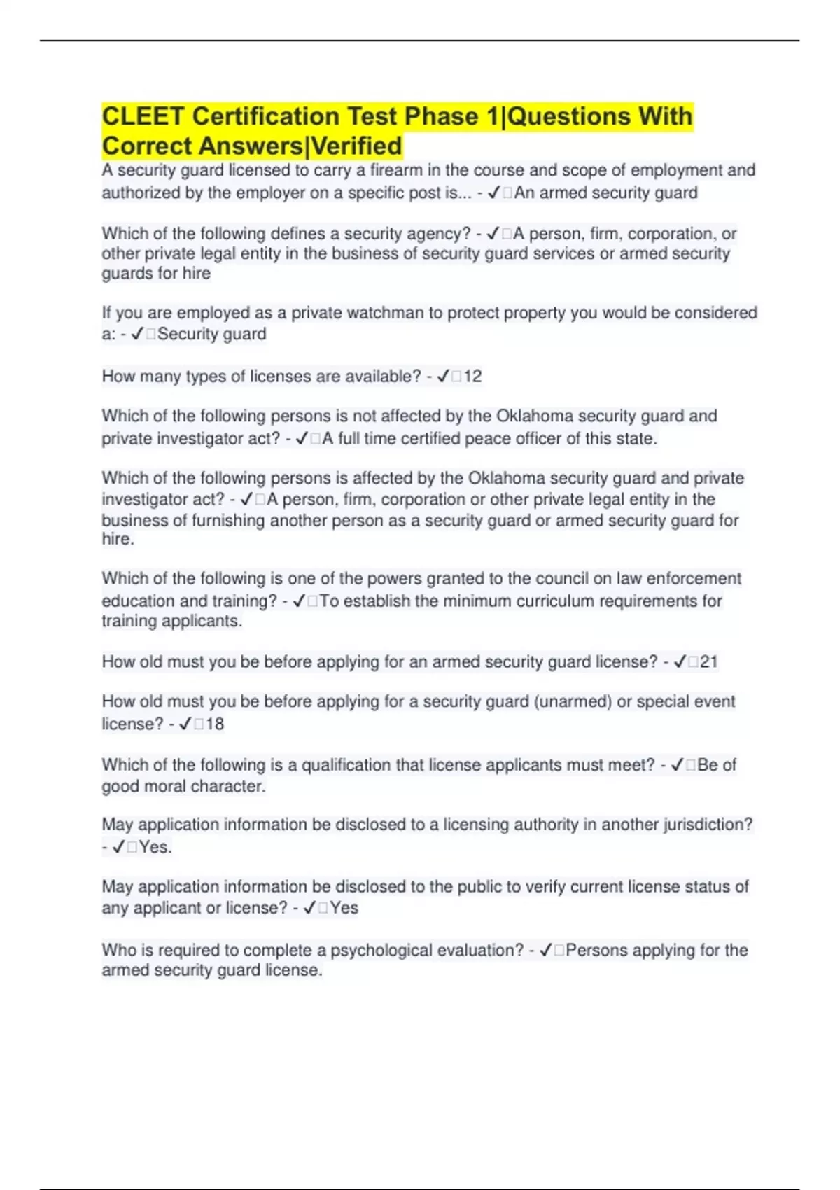 CLEET Certification Test Phase 1|Questions With Correct Answers ...