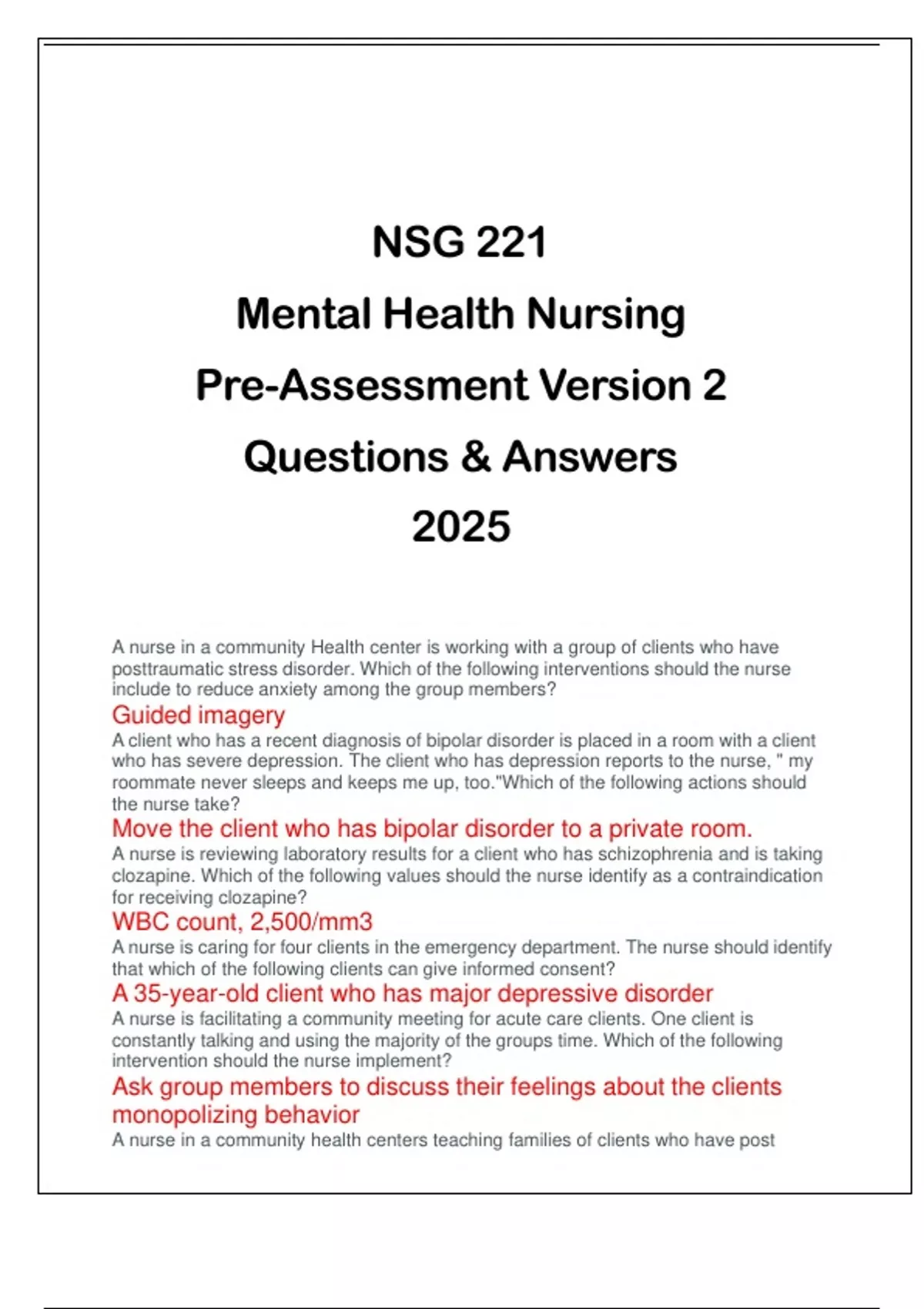 NSG 221 Mental Health Nursing - Pre Assessment Version 2 - HU 2025 (Qns & Ans - NURSING - Stuvia US
