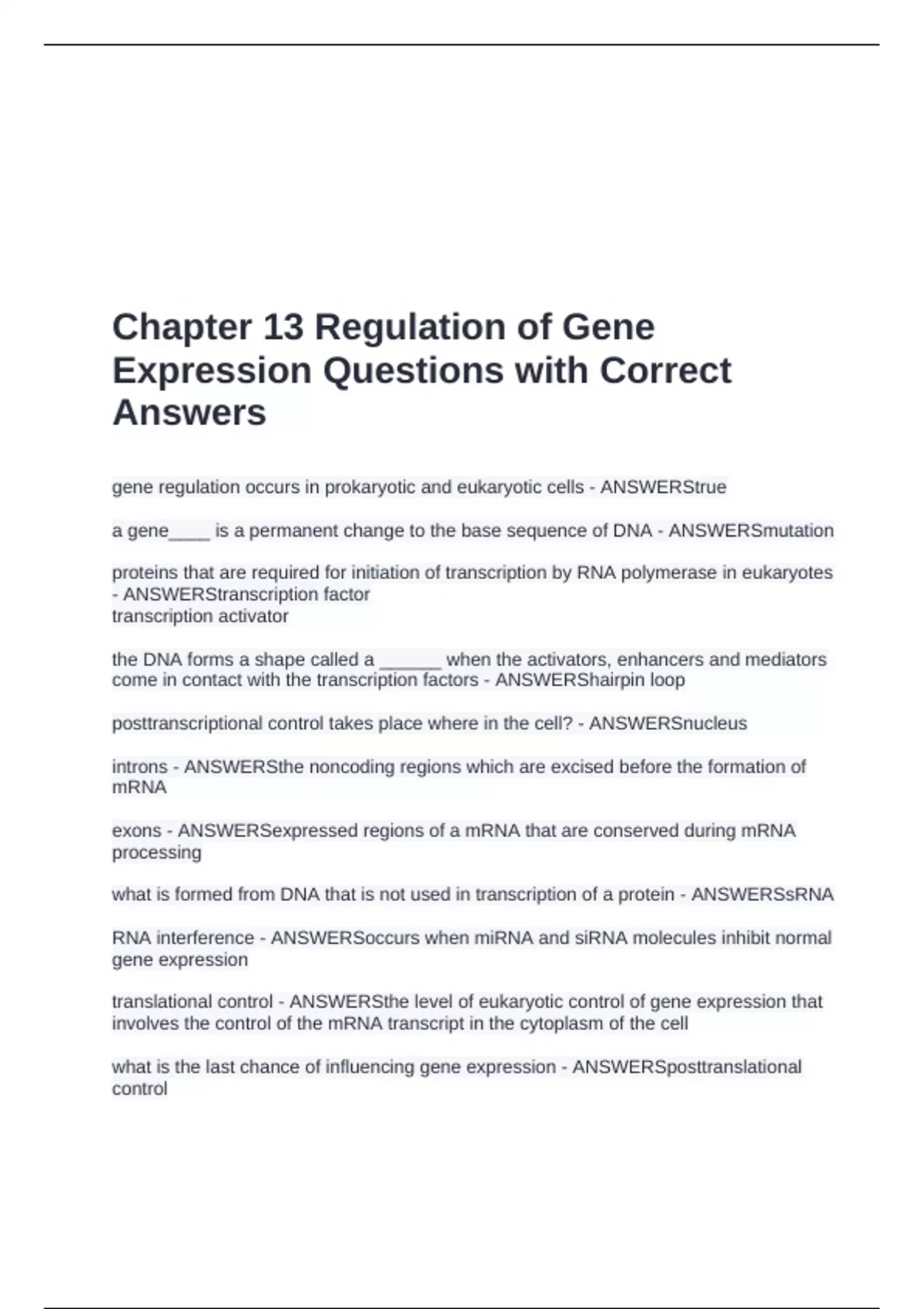 Chapter 13 Regulation of Gene Expression Questions with Correct Answers ...