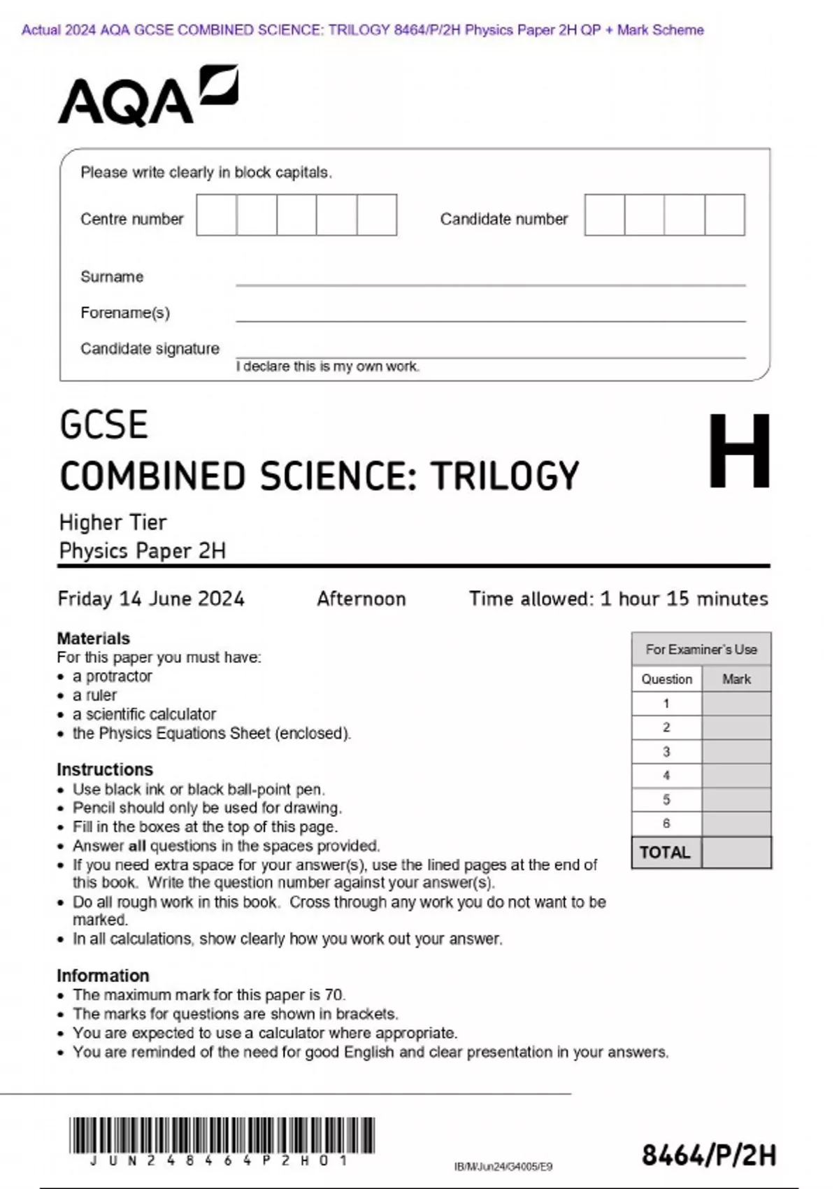 Actual 2024 AQA GCSE COMBINED SCIENCE: TRILOGY 8464/P/2H Physics Paper ...