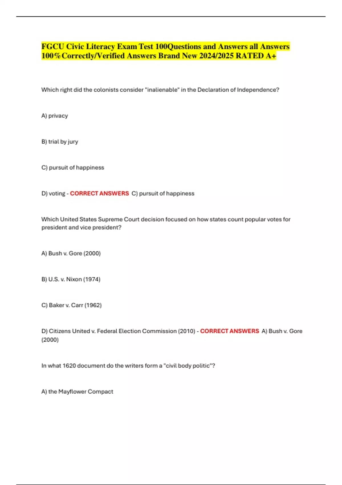 FGCU Civic Literacy Exam – 100 Questions and Verified Answers – Florida ...