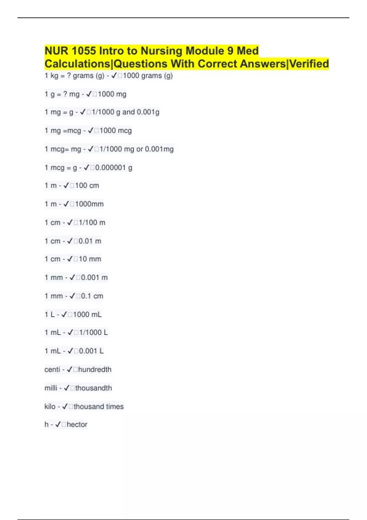 NUR 1055 Intro to Nursing Module 9 Med Calculations|Questions With ...