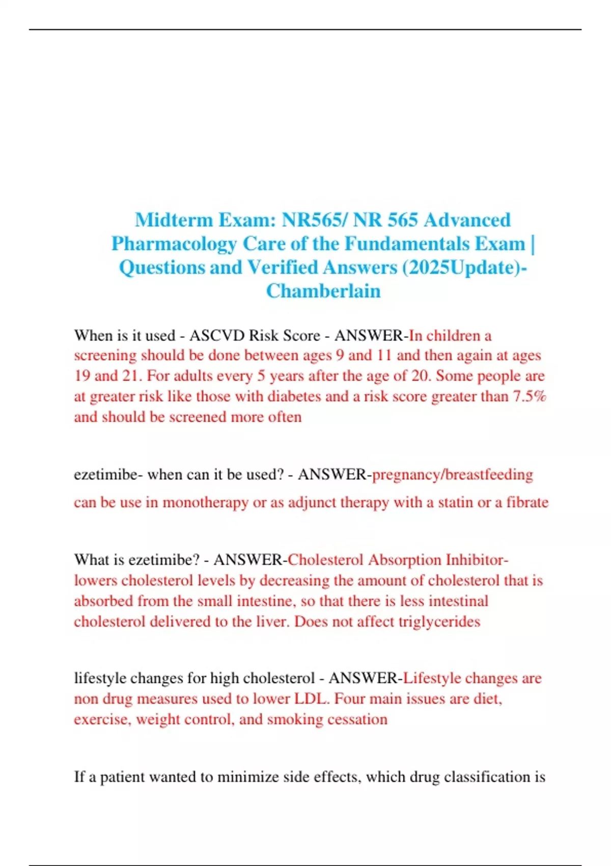 NR565 Advanced Pharmacology – Midterm Exam Questions and Verified Answers – Chamberlain ...