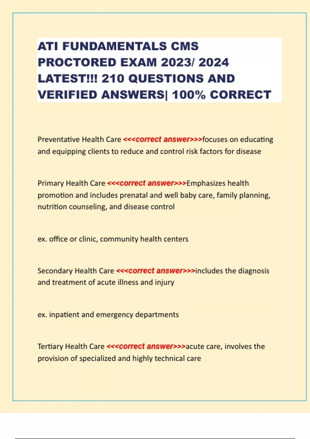 ATI FUNDAMENTALS CMS PROCTORED EXAM 2023/ 2024 LATEST!!! 210 QUESTIONS ...
