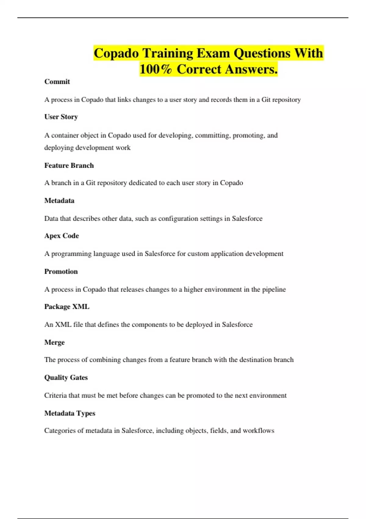 Copado Training Exam Questions With 100% Correct Answers - Copado - Stuvia US