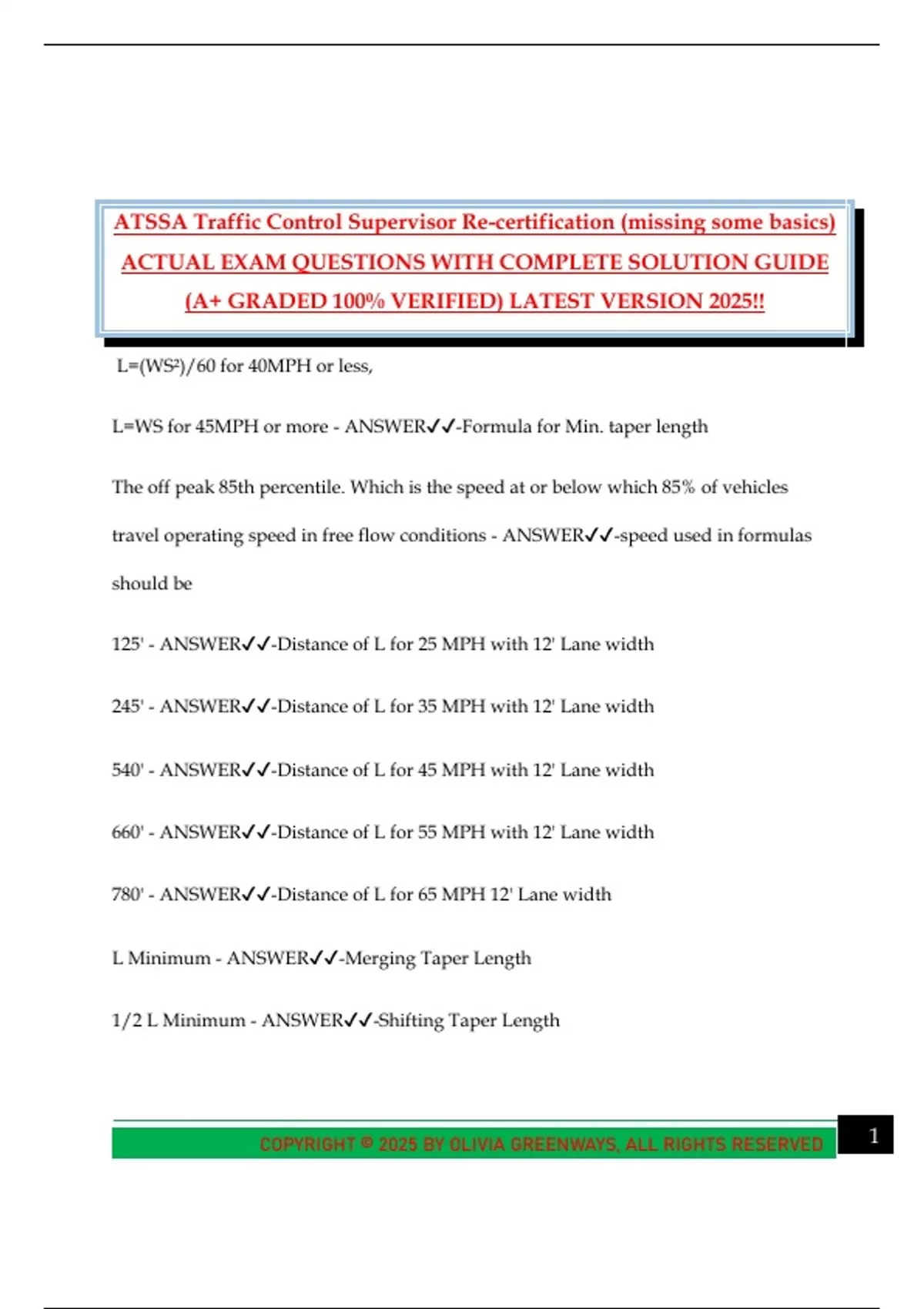 ATSSA Traffic Control Supervisor Re-certification (missing some basics) ACTUAL EXAM QUESTIONS ...