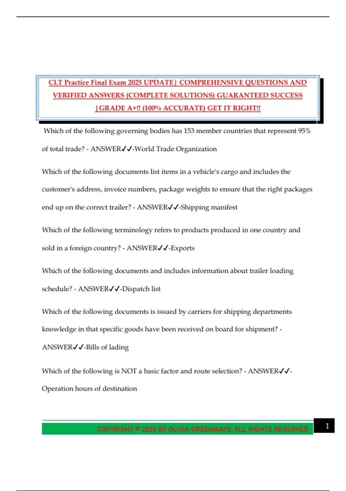 CLT Practice Final Exam 2025 UPDATE| COMPREHENSIVE QUESTIONS AND ...