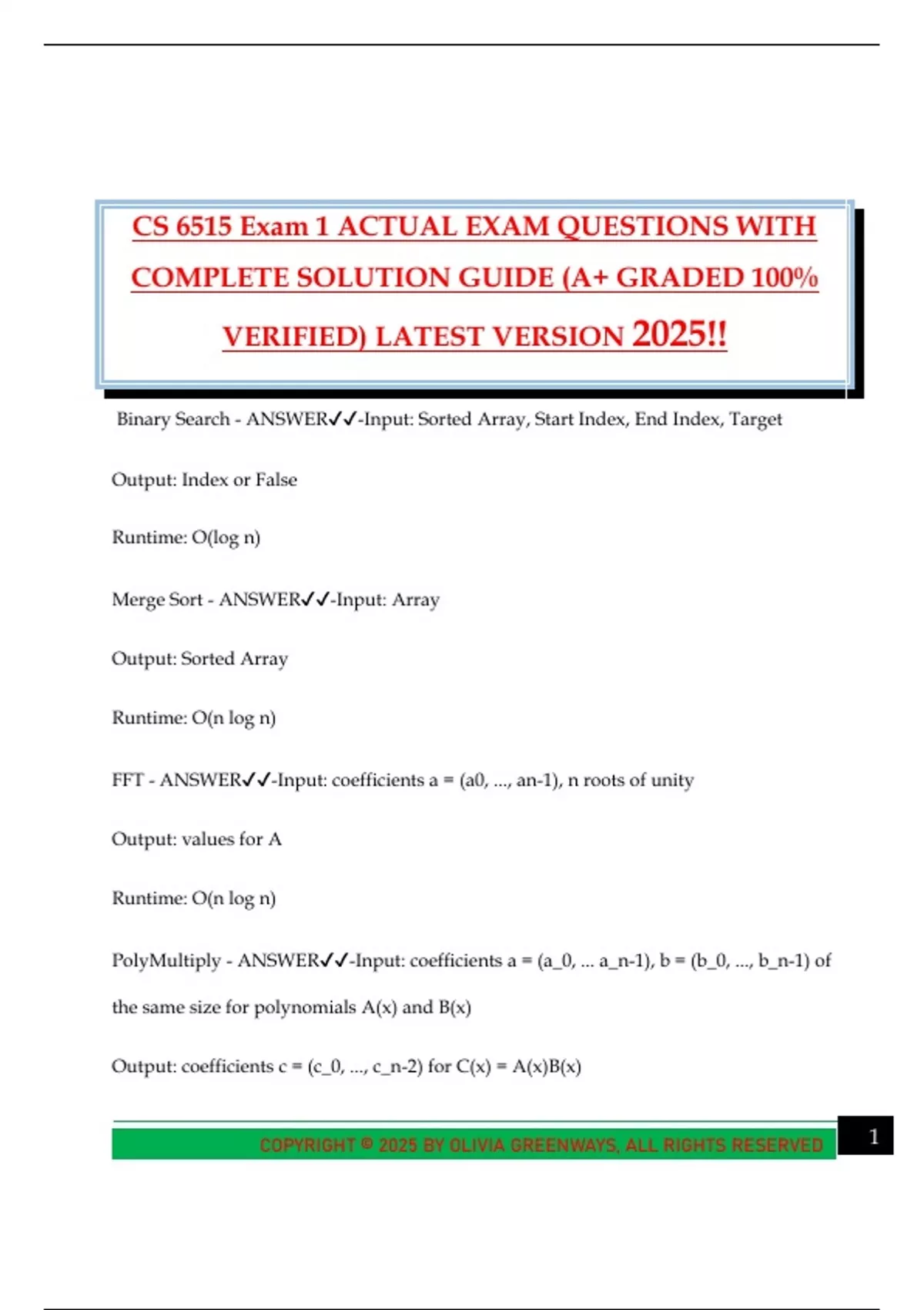 CS 6515 Exam 1 ACTUAL EXAM QUESTIONS WITH COMPLETE SOLUTION GUIDE (A+ GRADED 100% VERIFIED ...
