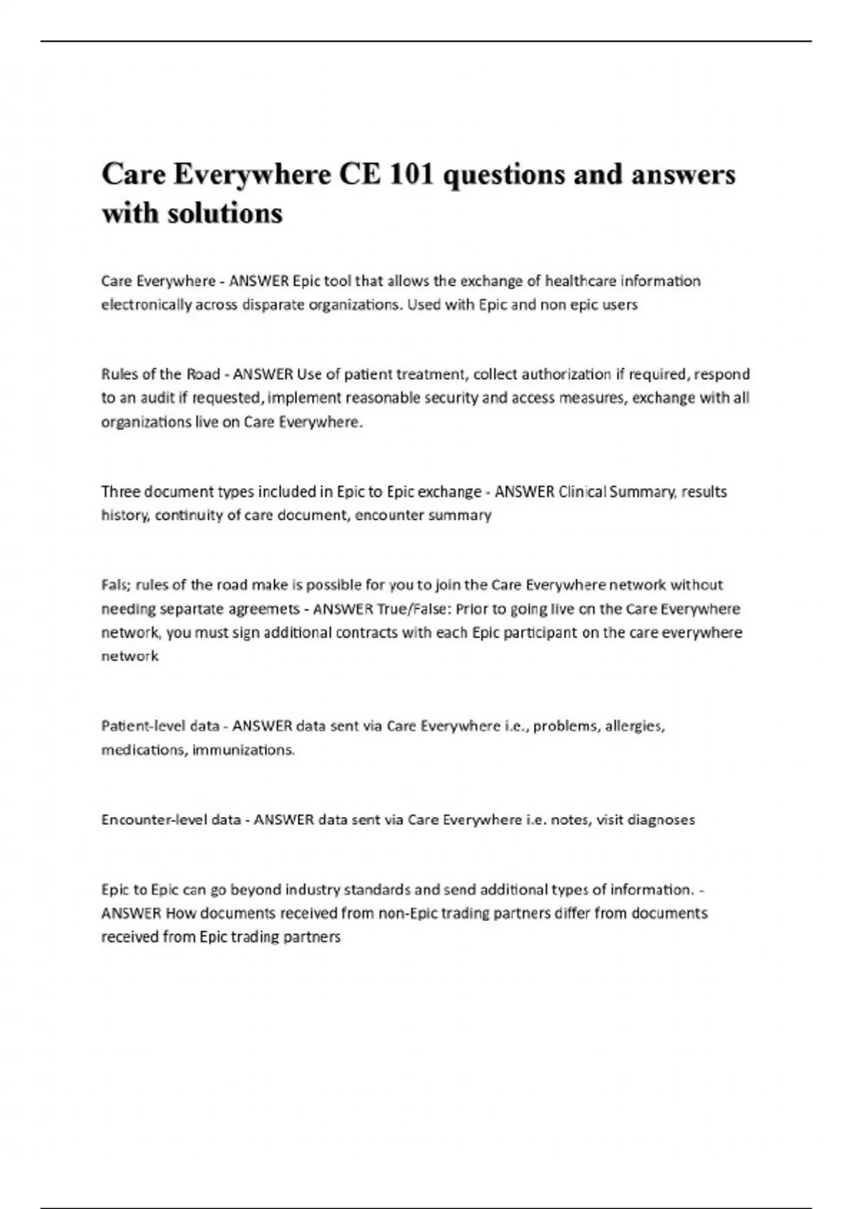 Care Everywhere CE 101 questions and answers with solutions - CE101 ...