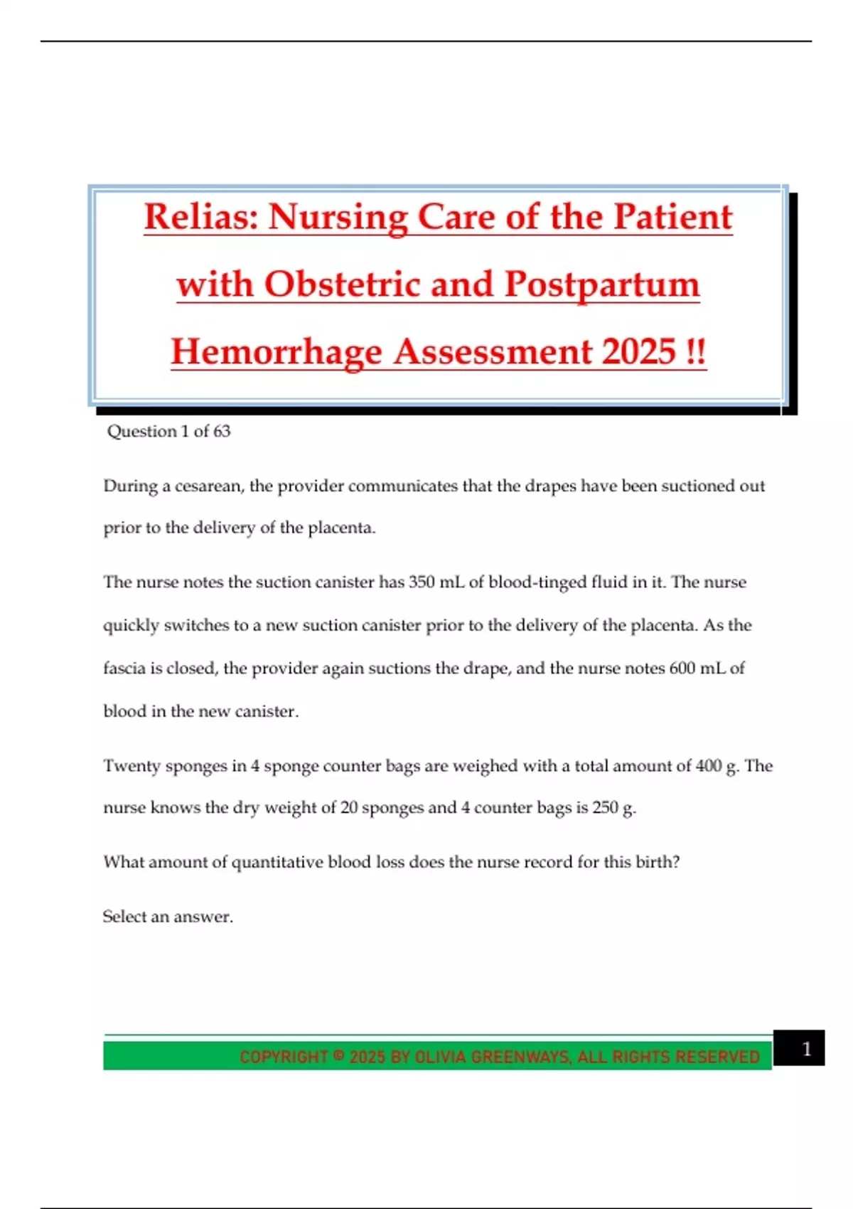 Relias: Nursing Care of the Patient with Obstetric and Postpartum ...