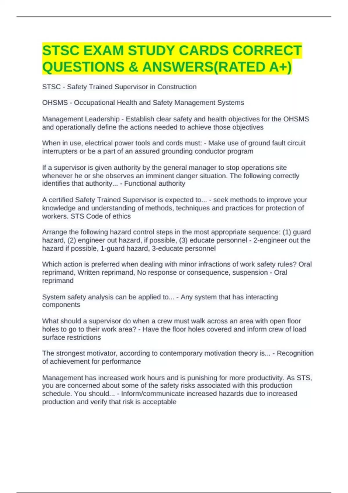 STSC EXAM STUDY CARDS CORRECT QUESTIONS & ANSWERS(RATED A+)EXAM BUNDLE ...