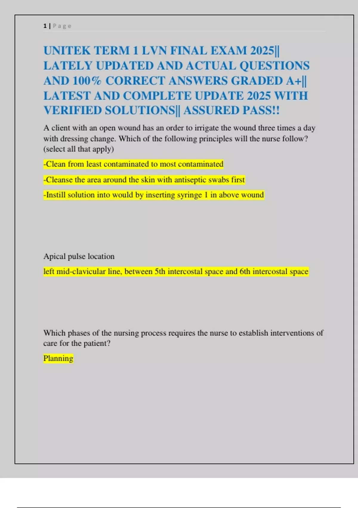 UNITEK TERM 1 LVN FINAL EXAM 2025|| LATELY UPDATED AND ACTUAL QUESTIONS ...