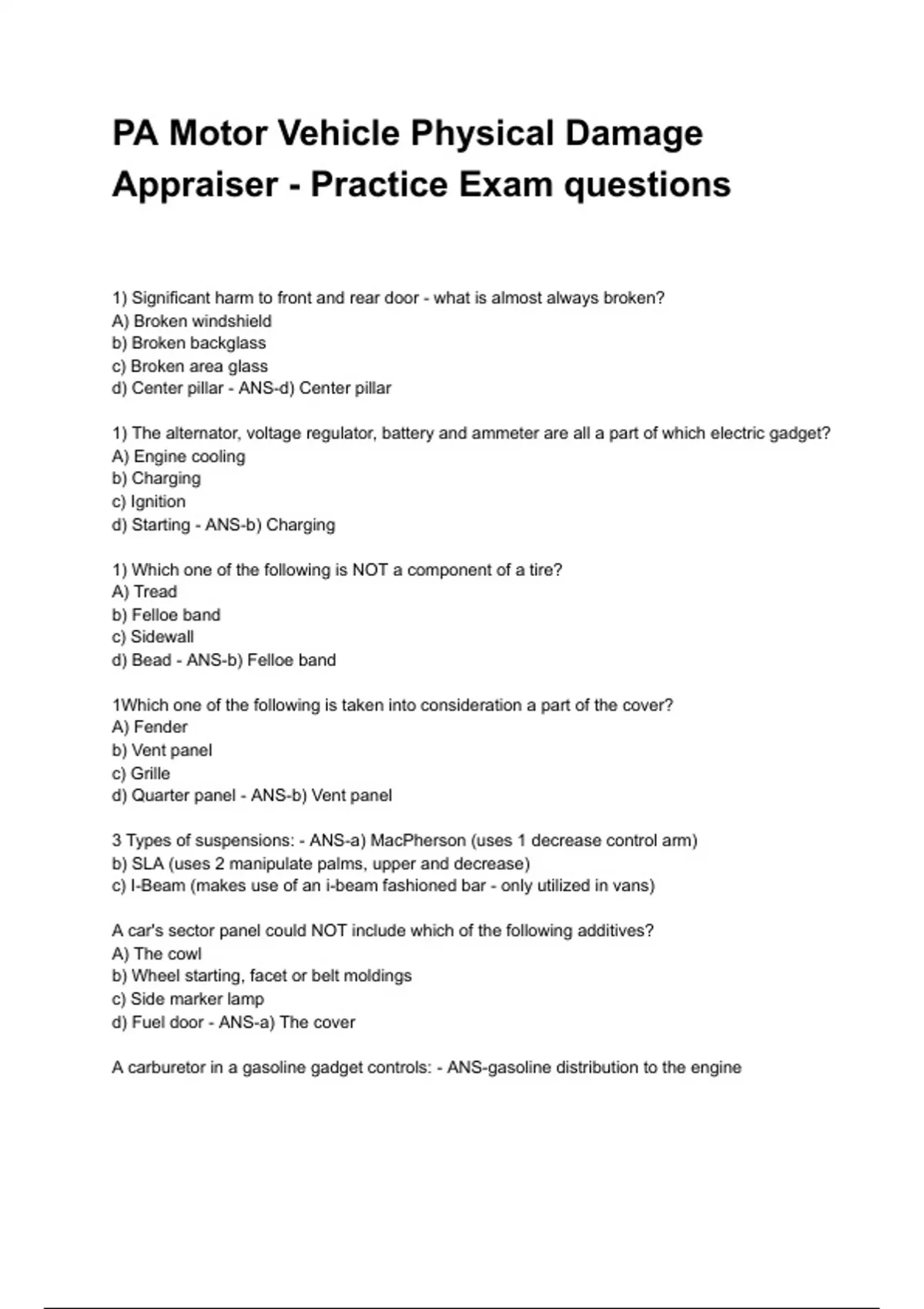 PA Motor Vehicle Physical Damage Appraiser - Practice Exam questions ...