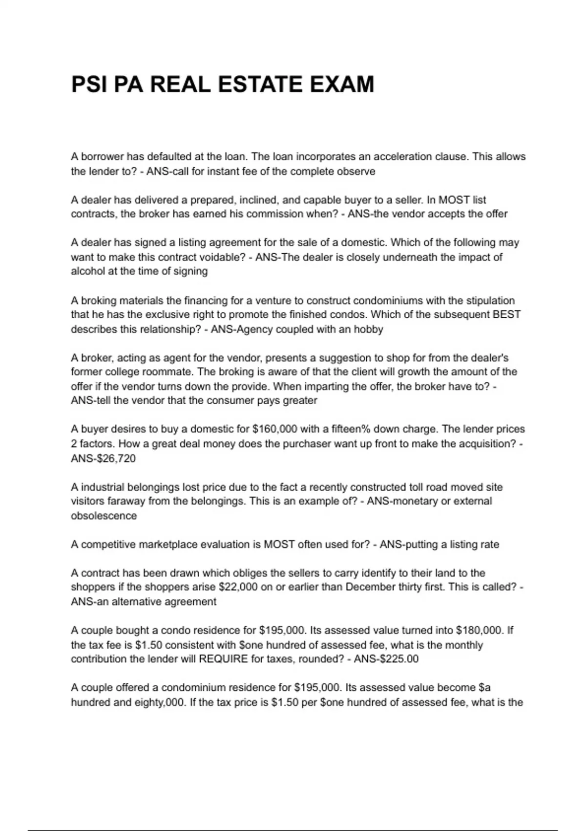 PSI PA REAL ESTATE EXAM NEWEST 2025/2026 ACTUAL COMPLETE QUESTIONS AND ...