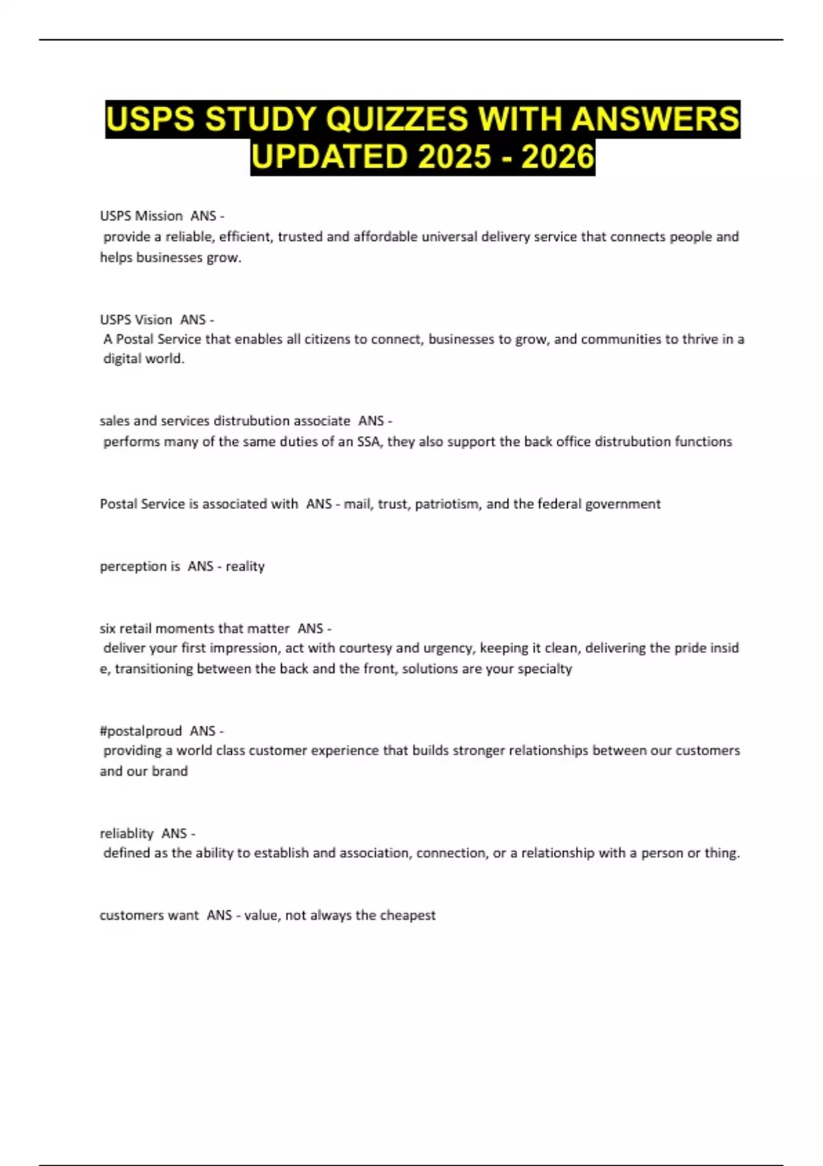 USPS STUDY QUIZZES WITH ANSWERS UPDATED - Post office 474 - Stuvia US