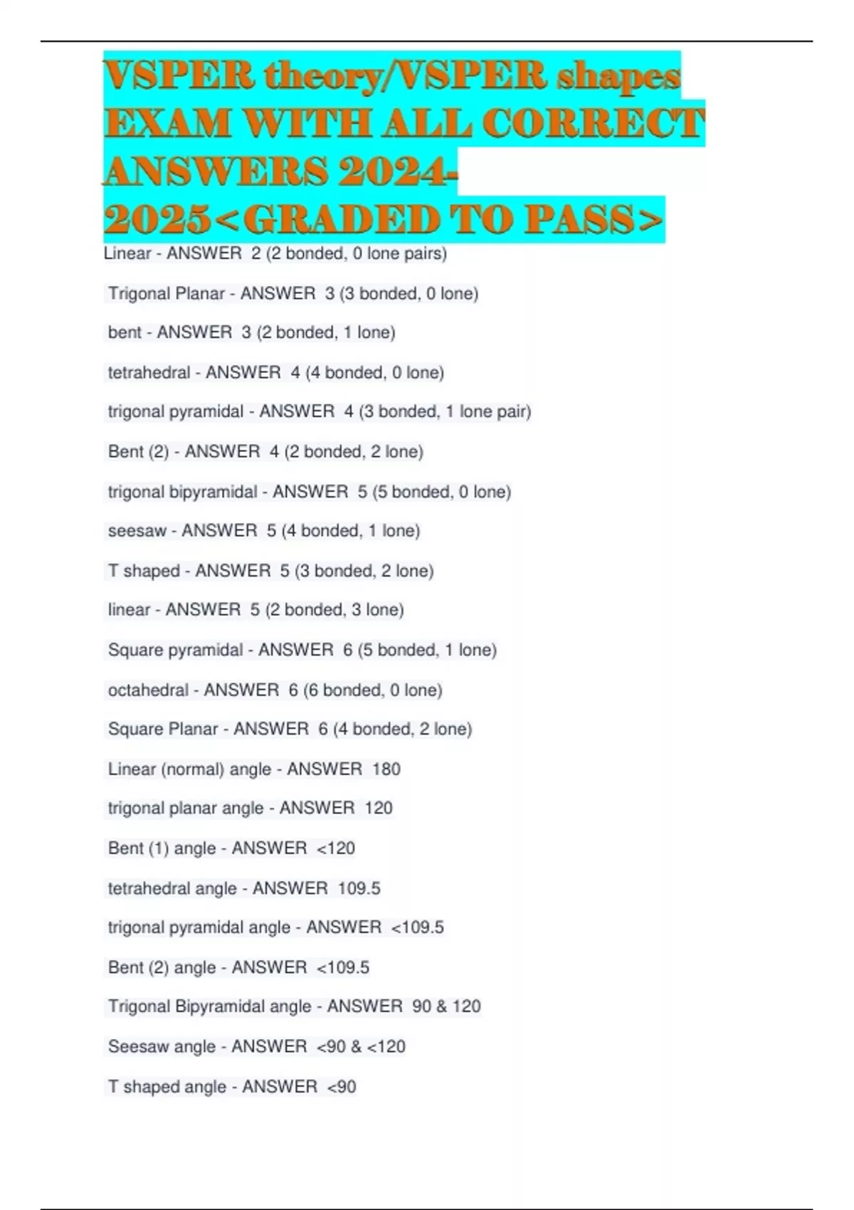 VSPER theory/VSPER shapes EXAM WITH ALL CORRECT ANSWERS GRADED TO PASS ...