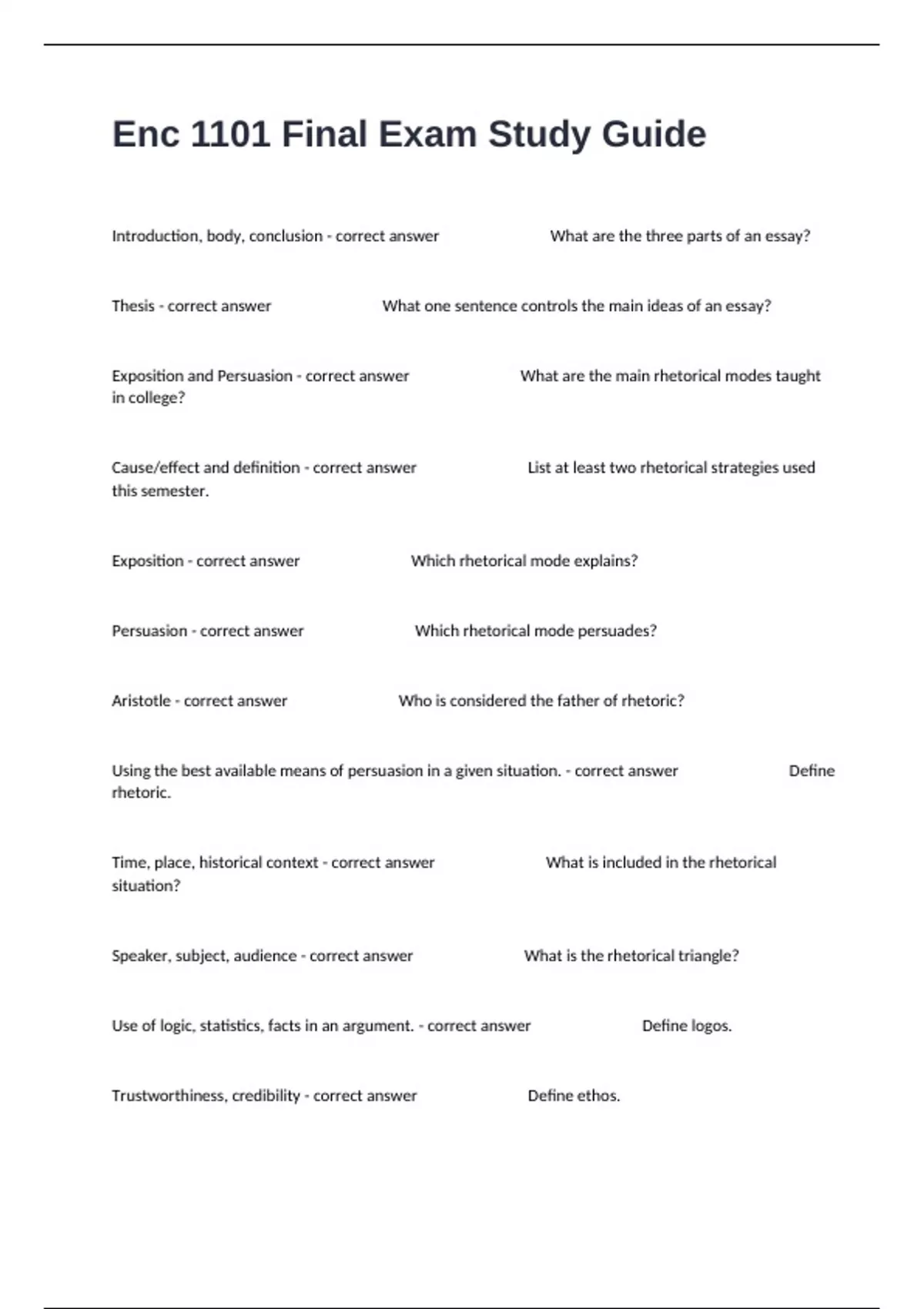 Enc 1101 Final Exam Study Guide Questions And Correct Verified Answers ...