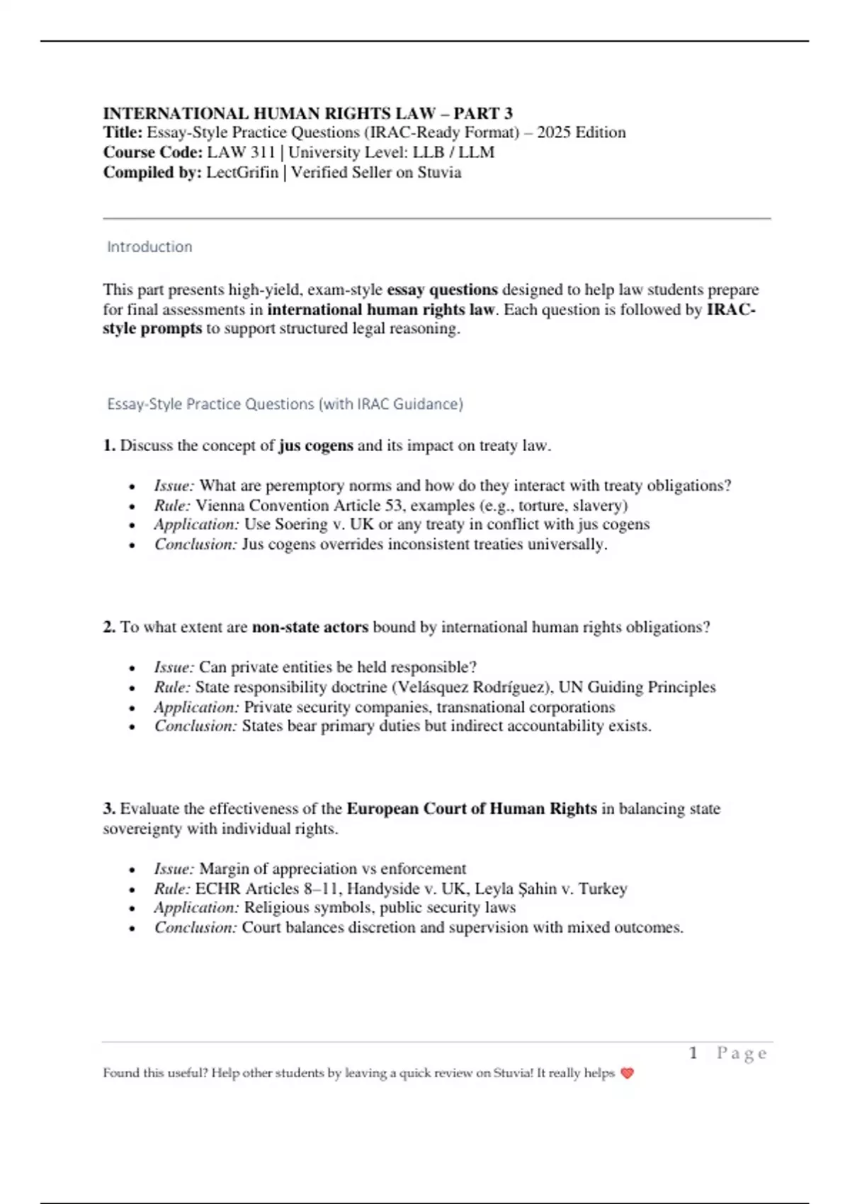 LAW 411 / IHRL 302 : International Human Rights Law: IRAC Essay Bank ...