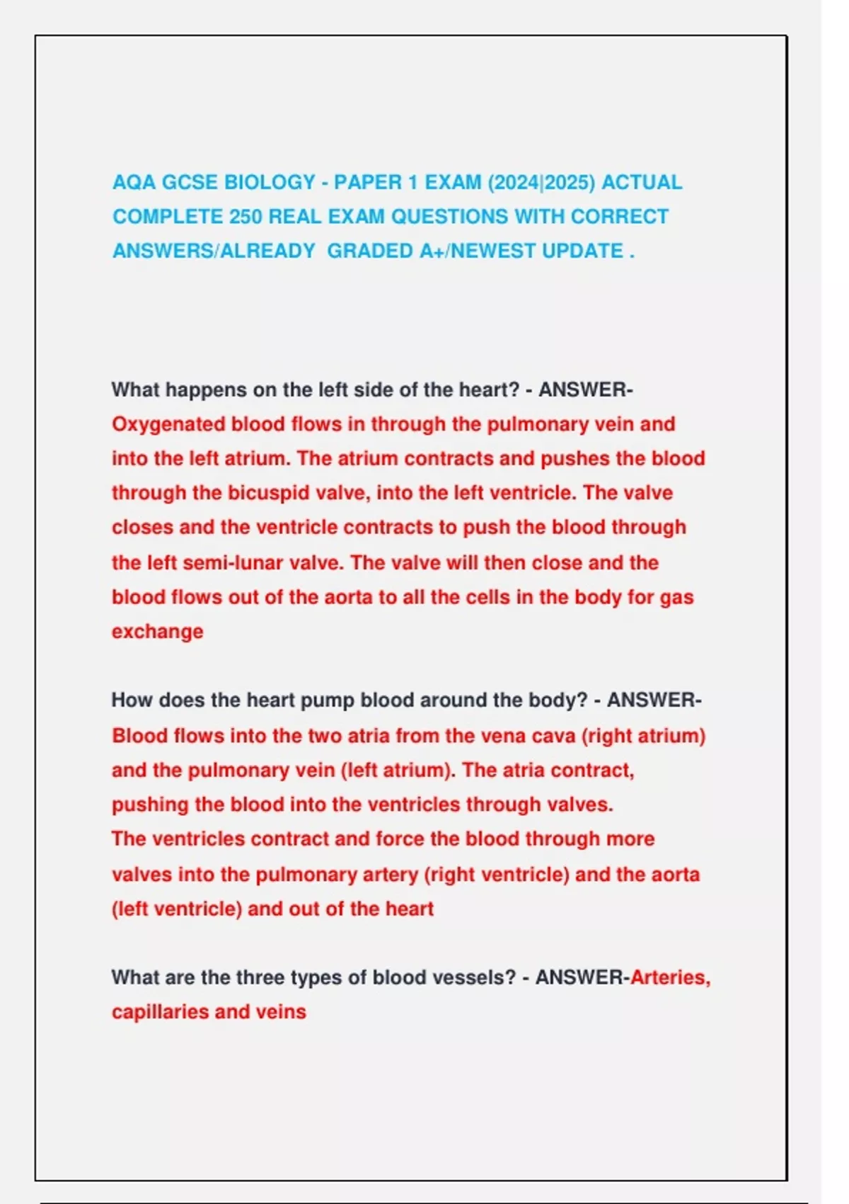 AQA GCSE BIOLOGY - PAPER 1 EXAM (2024|2025) ACTUAL COMPLETE 250 REAL ...