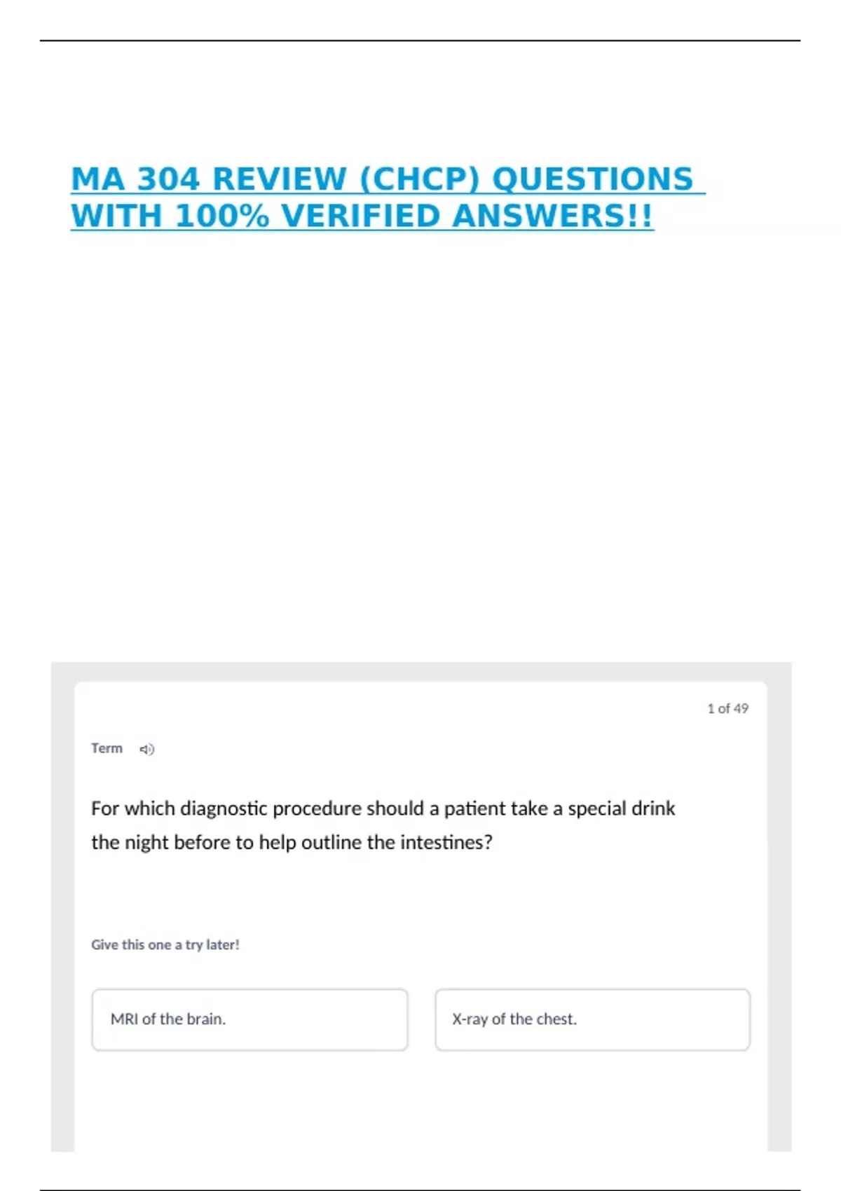 MA 304 REVIEW (CHCP) QUESTIONS WITH 100% VERIFIED ANSWERS!! - MA 304 ...